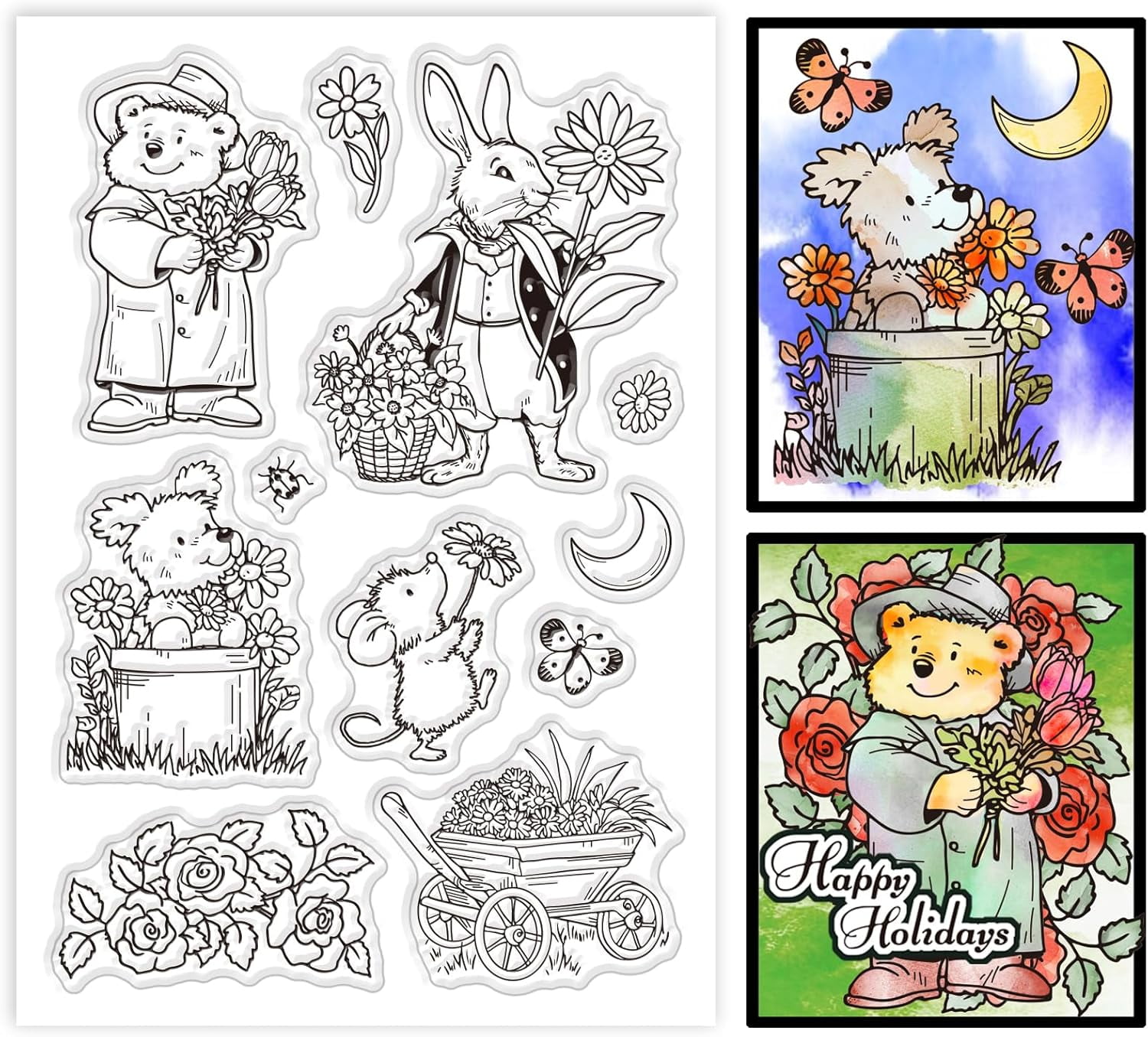 Flowers and Animals Clear Stamps Bear Rabbit Mouse Dog Flower Silicone ...