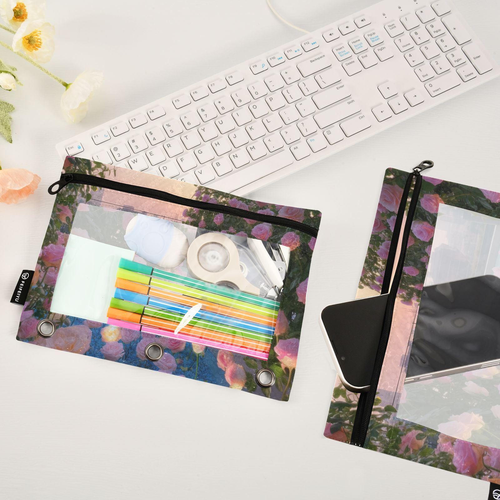 Flowers Around Leaves 2 Pack Pencil Pouches Zipper Pencil Case 3 Ring ...