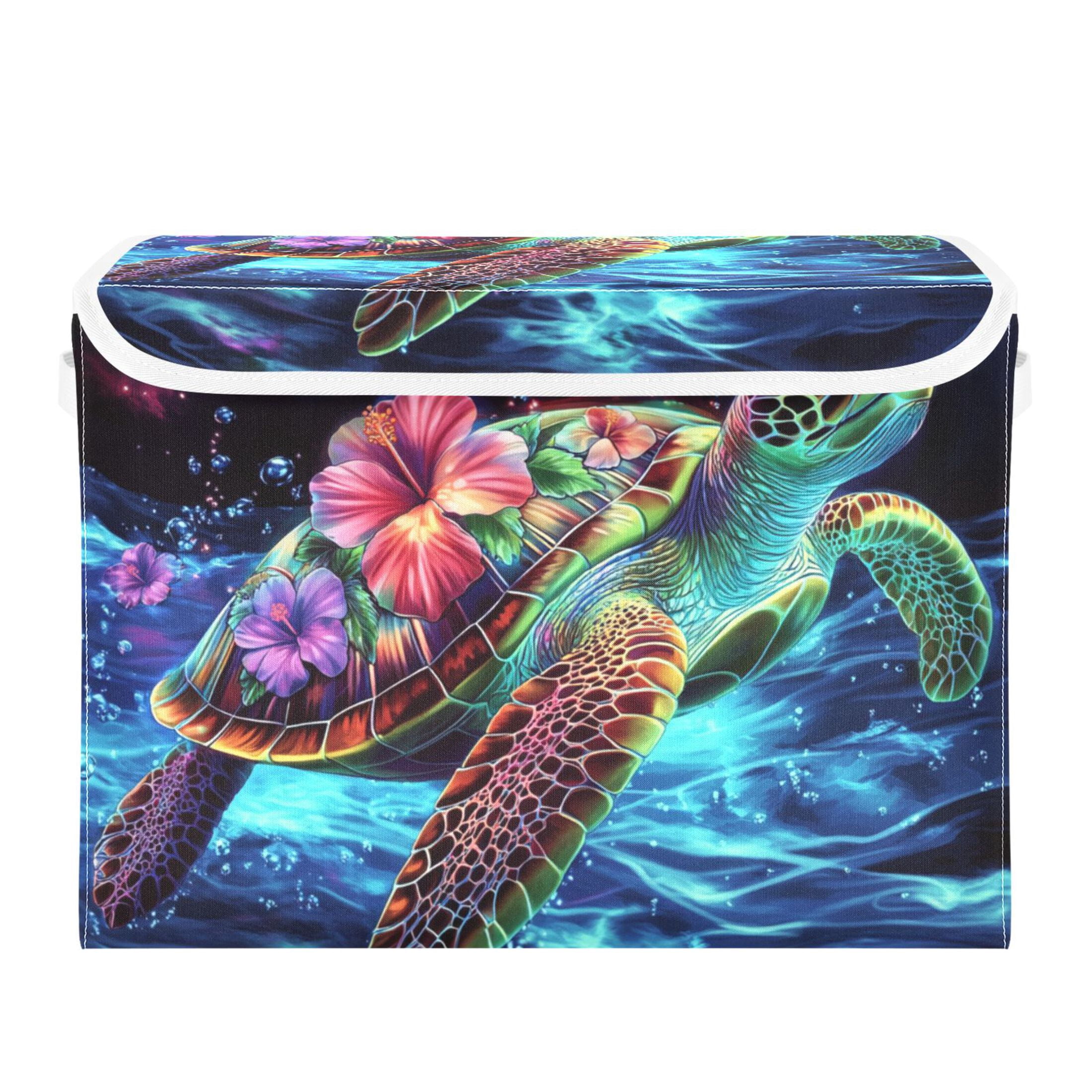 Flowers Around Swimming Neon Turtle Foldable Storage Bin with Lid and ...