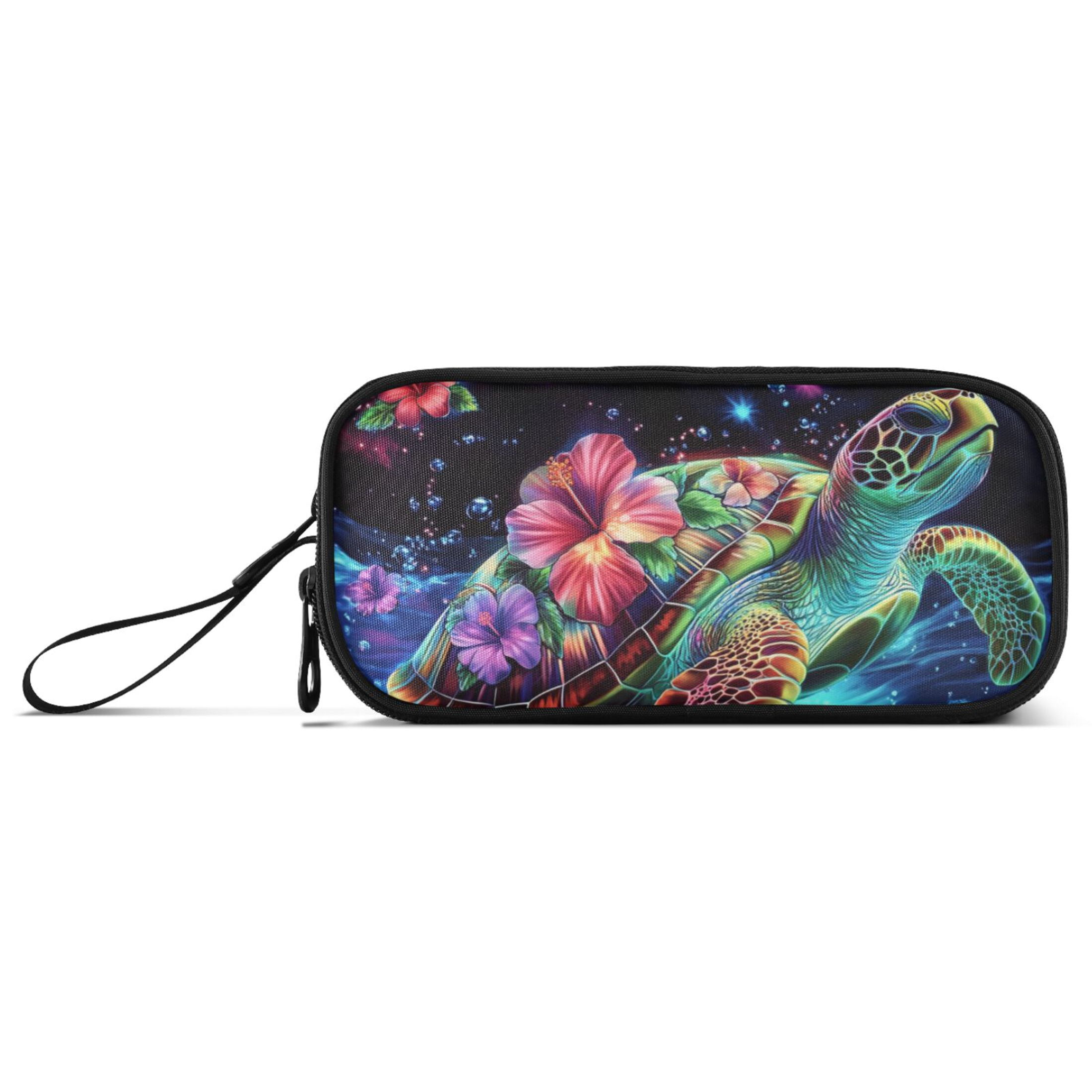 Flowers Around Swimming Neon Turtle Pencil Case Stationary Holder Pen ...