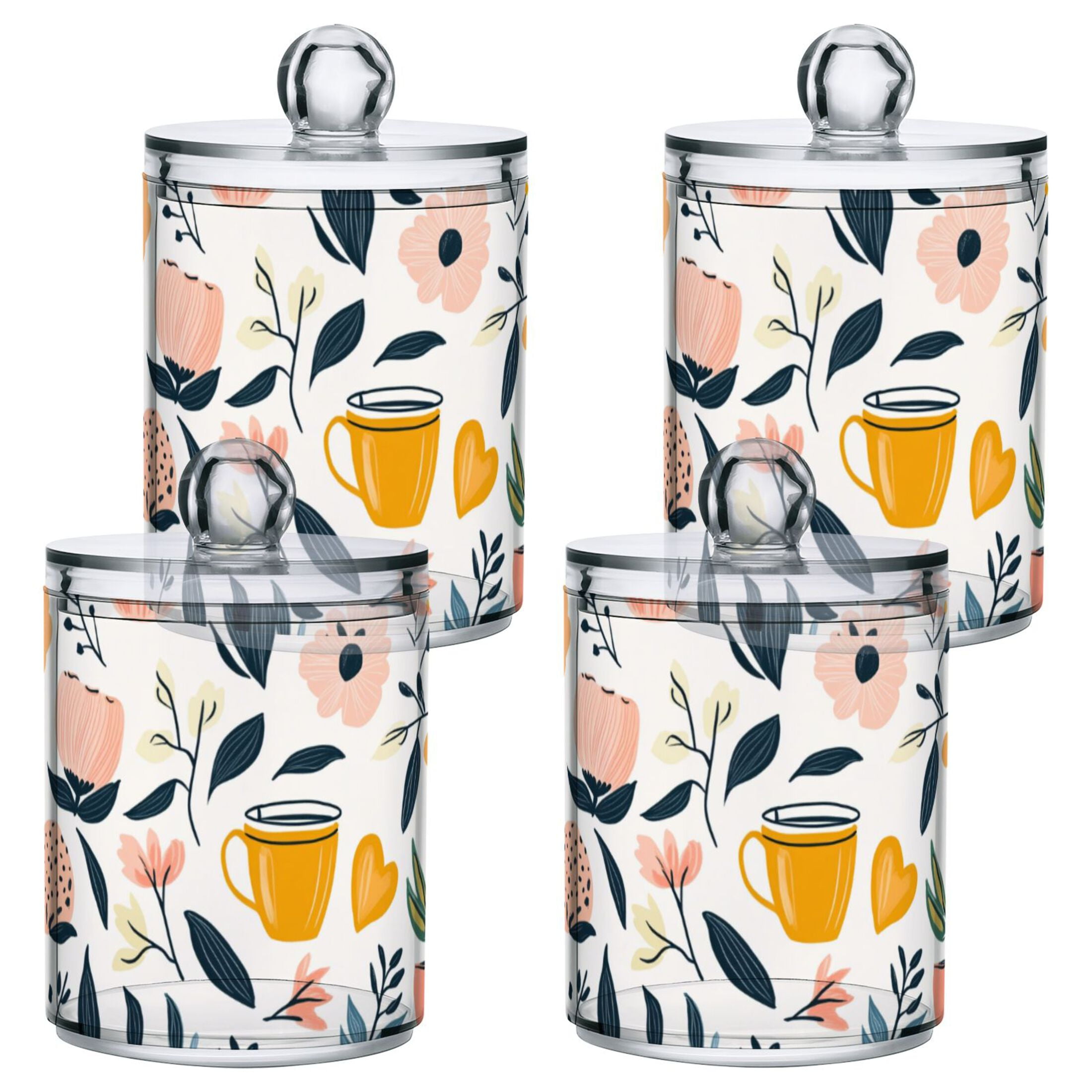 Flowers Bathroom Canisters Set of 4 Translucent Plastic Storage for Cotton Pads and Floss ...