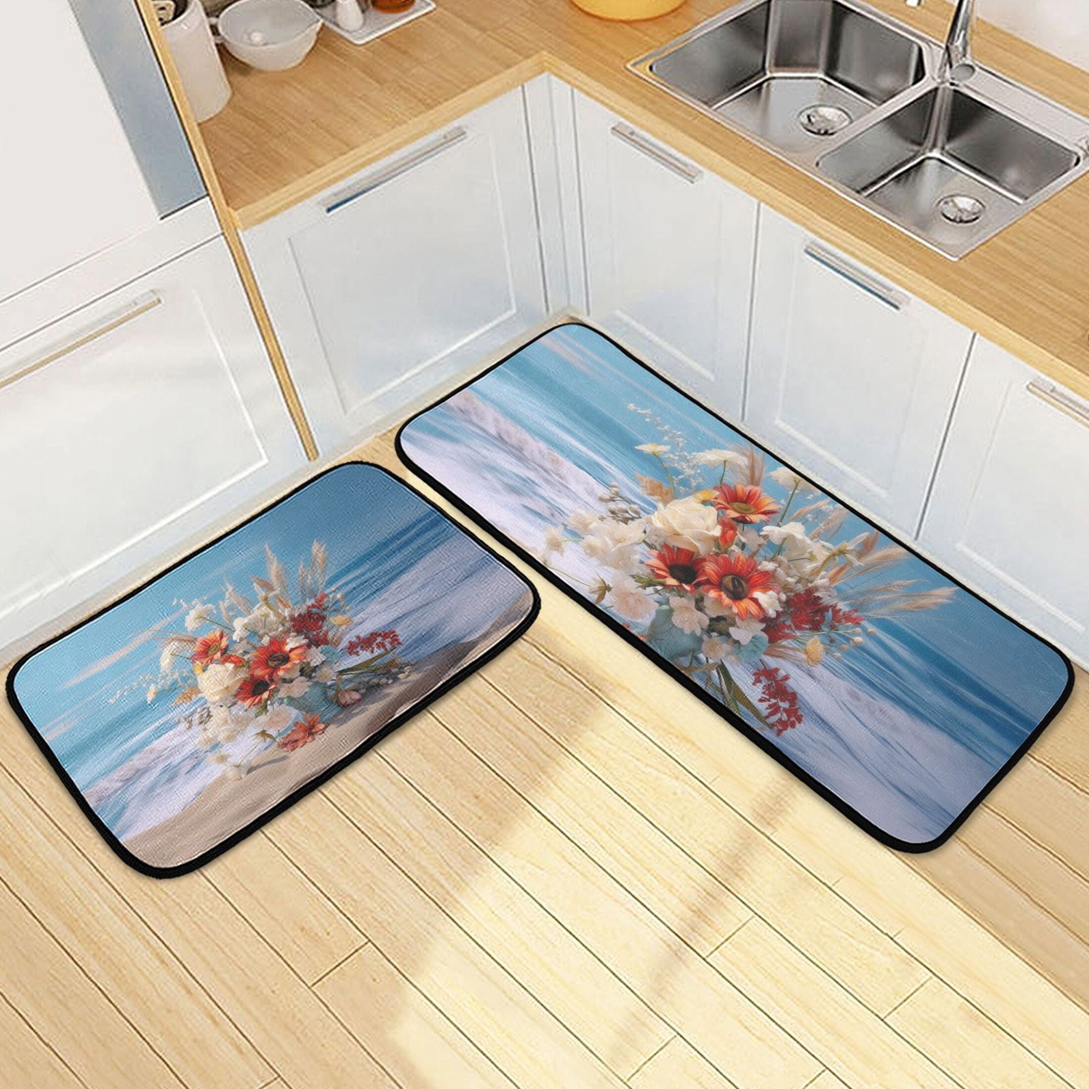 Flowers Beach Kitchen Rugs Set of 2 Non Slip Floor Foam Mat Cushioned ...