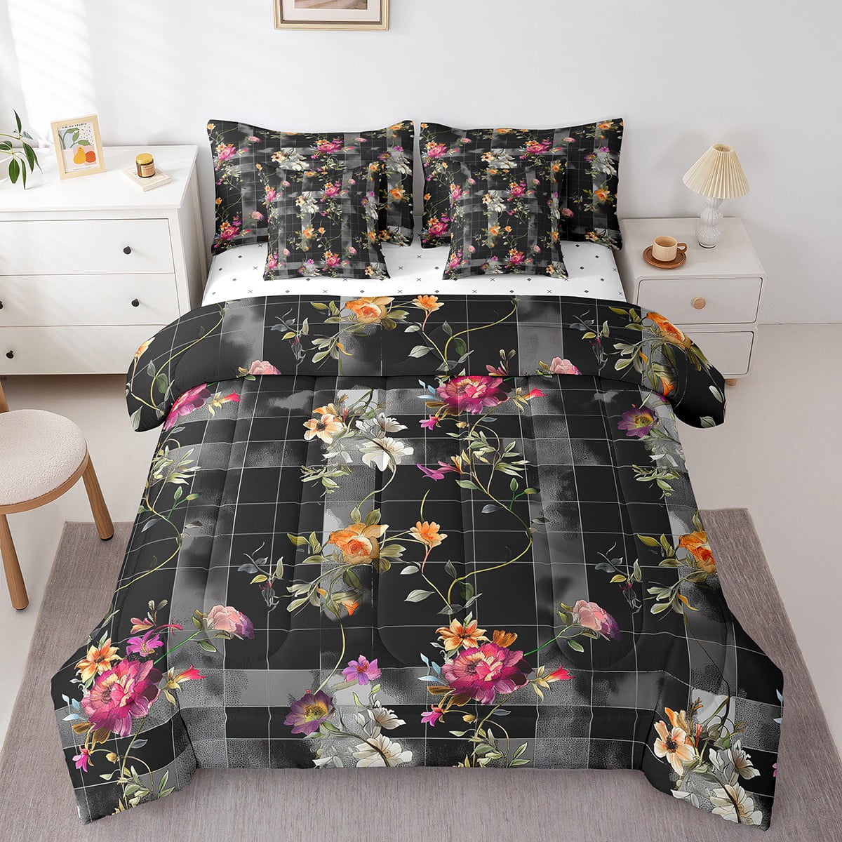 Flowers Bed in a Bag Queen Comforter Set 7 Piece,Watercolor Boho Floral ...