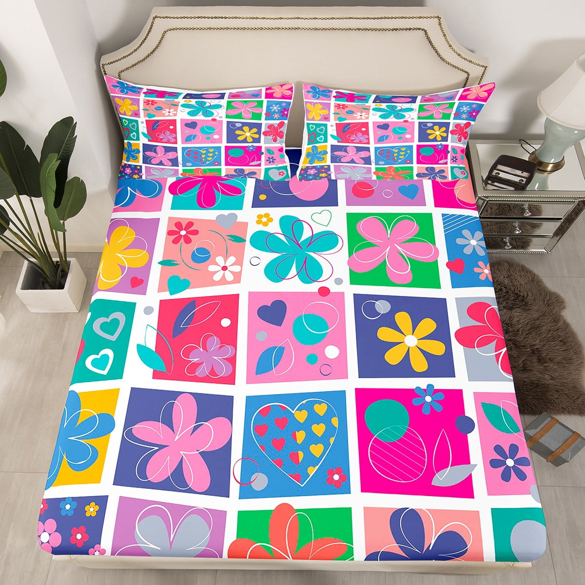 Flowers Bed Sheets Patchwork Grid Graffiti Fitted Sheet Twin for Girls ...