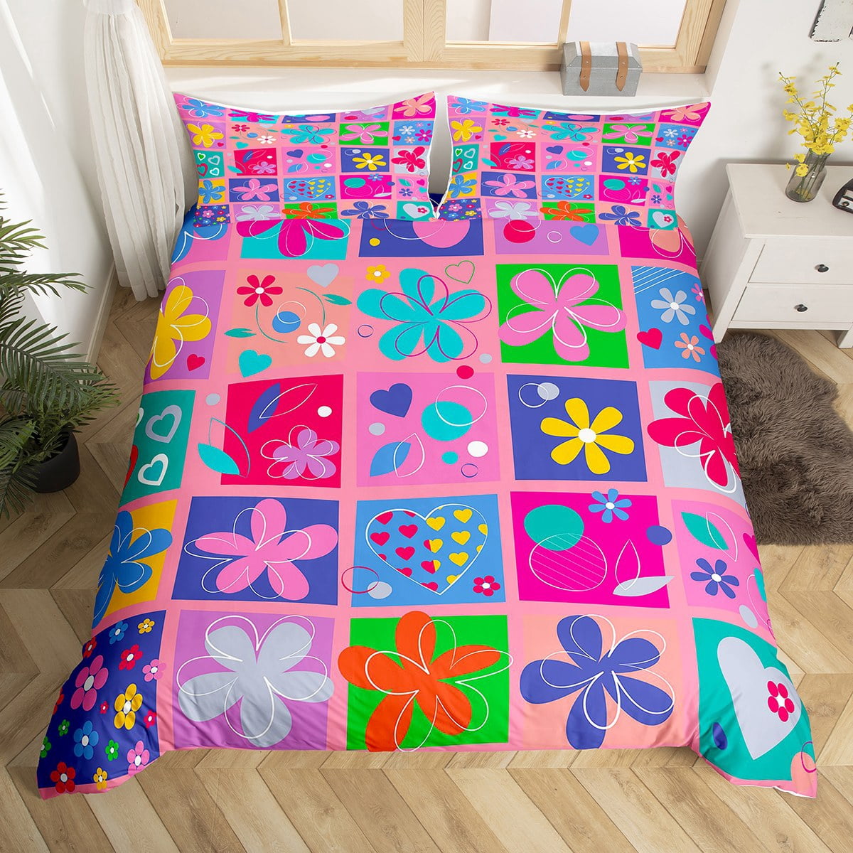 Flowers Bedding Set Full,Colorful Groovy Blossom Duvet Cover Kawaii ...