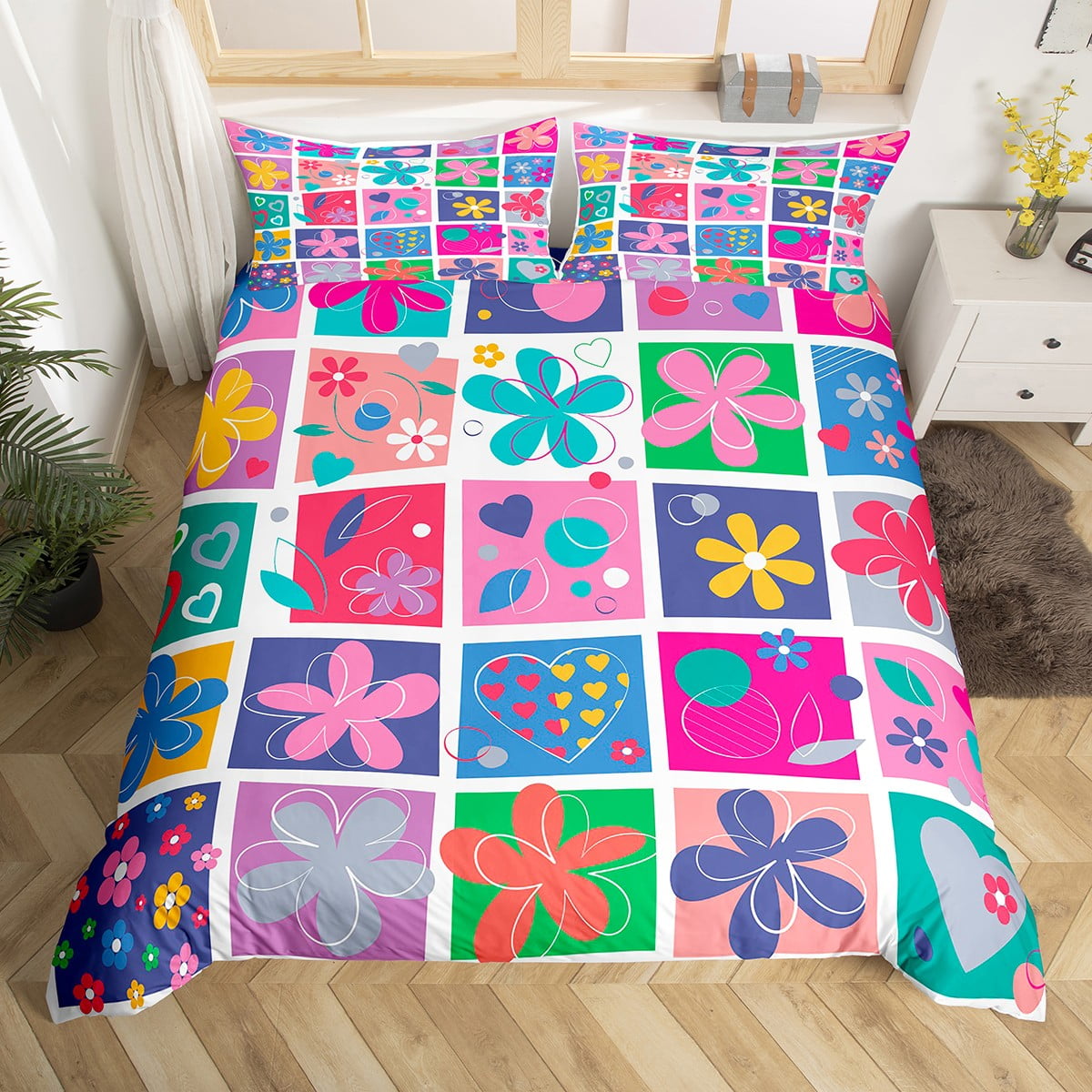Flowers Bedding Set Patchwork Grid Graffiti Duvet Cover Twin for Girls ...