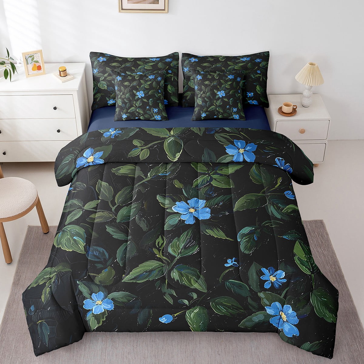 Flowers Bedding Set Twin Size,Leaves Florals Botanical Soft Comforter ...