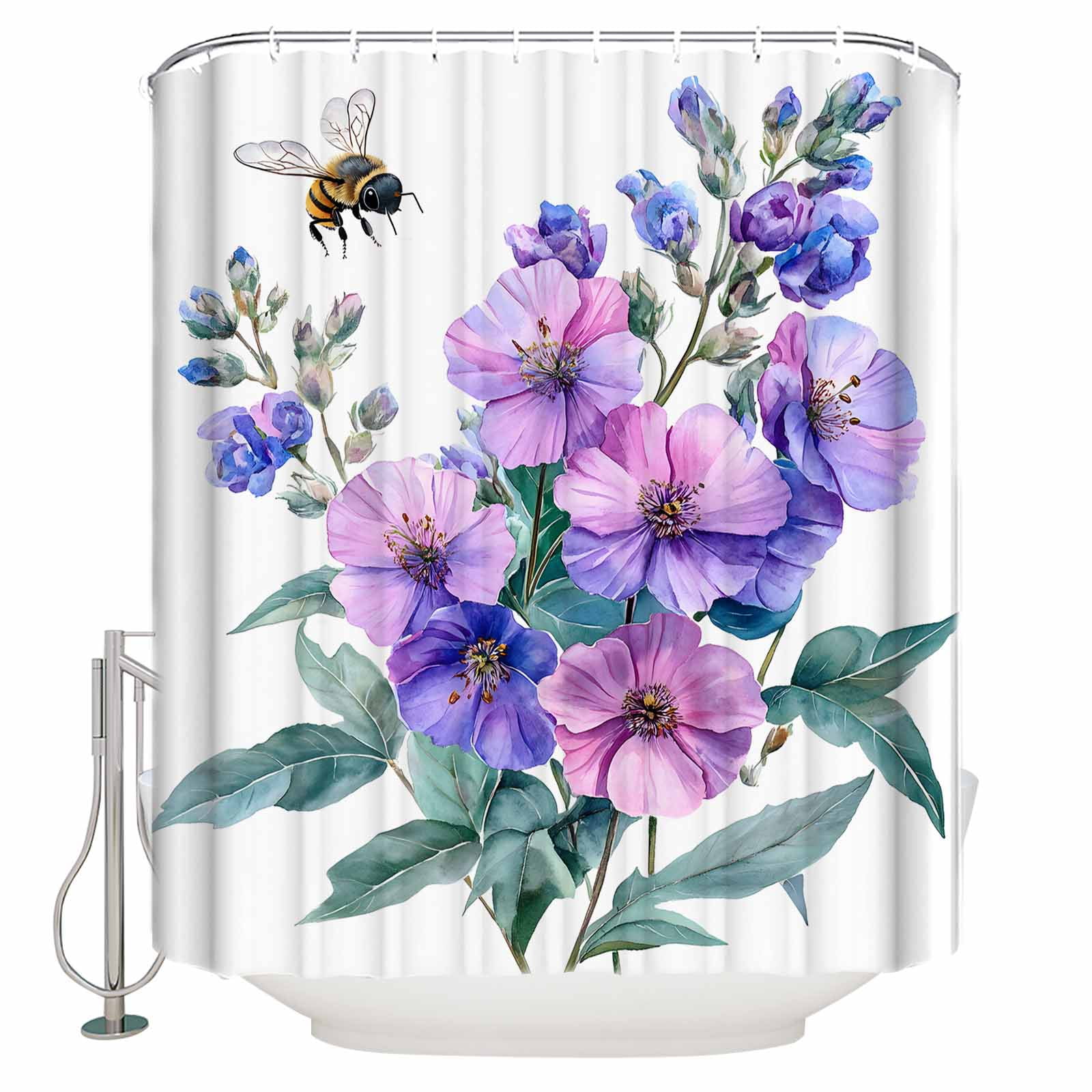 Flowers Bee Bathroom Shower Curtains with 12 Hooks Polyester Waterproof ...