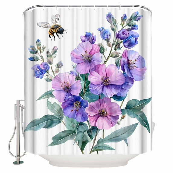 Flowers Bee Bathroom Shower Curtains with 12 Hooks Polyester Waterproof ...