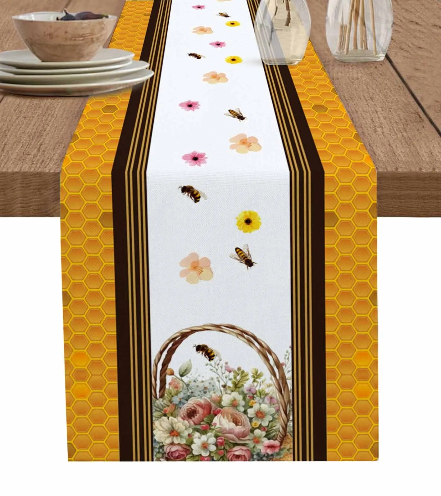 Flowers Bee Hive Watercolor Table Runner Wedding r Table Runner Home Dining Coffee Table r ...