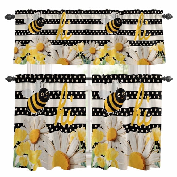 Flowers Bee Kitchen Curtains Valances and Tiers 3pcs Spring Yellow ...
