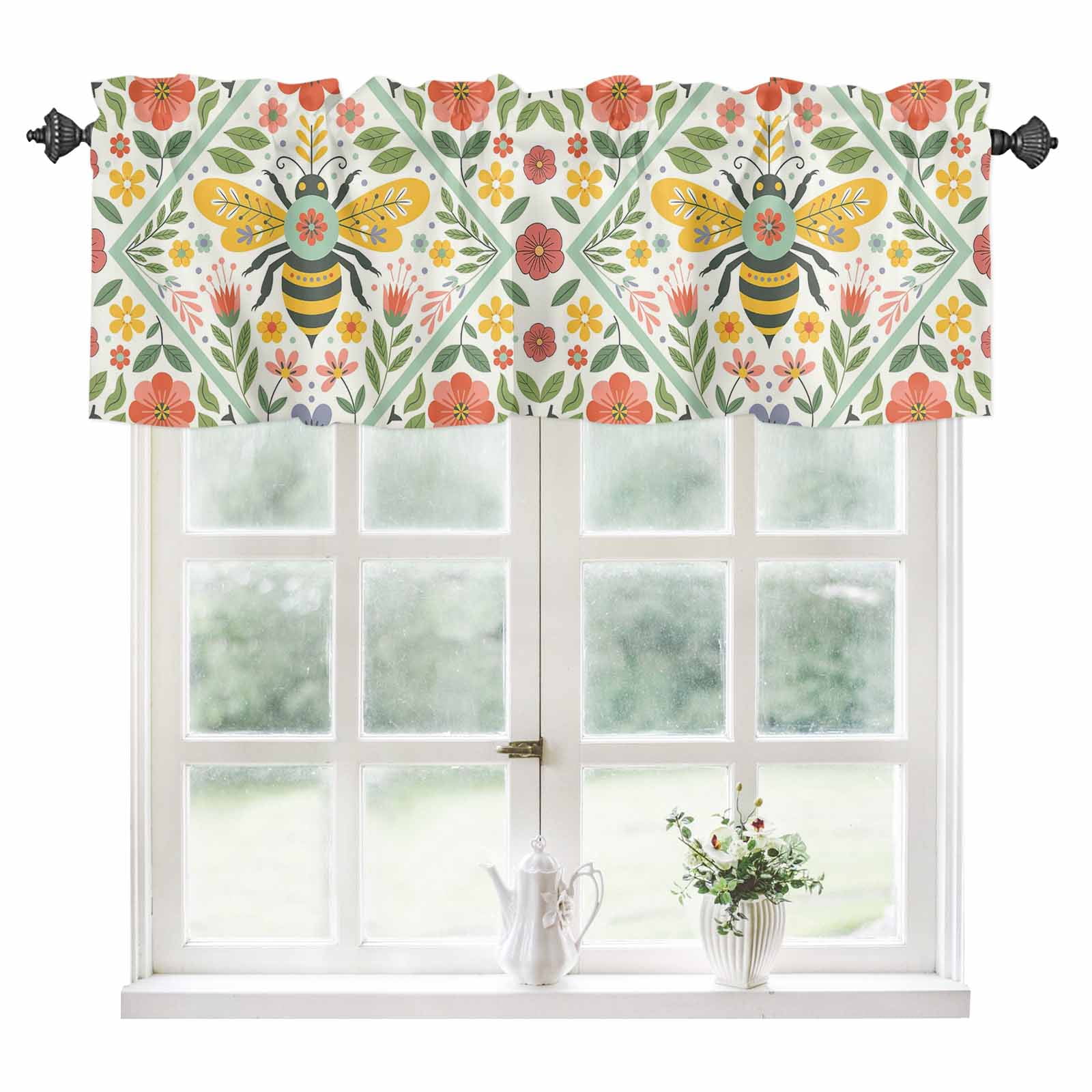 Flowers Bee Kitchen Valances for Windows 42x12 Inch Kitchen Curtains ...