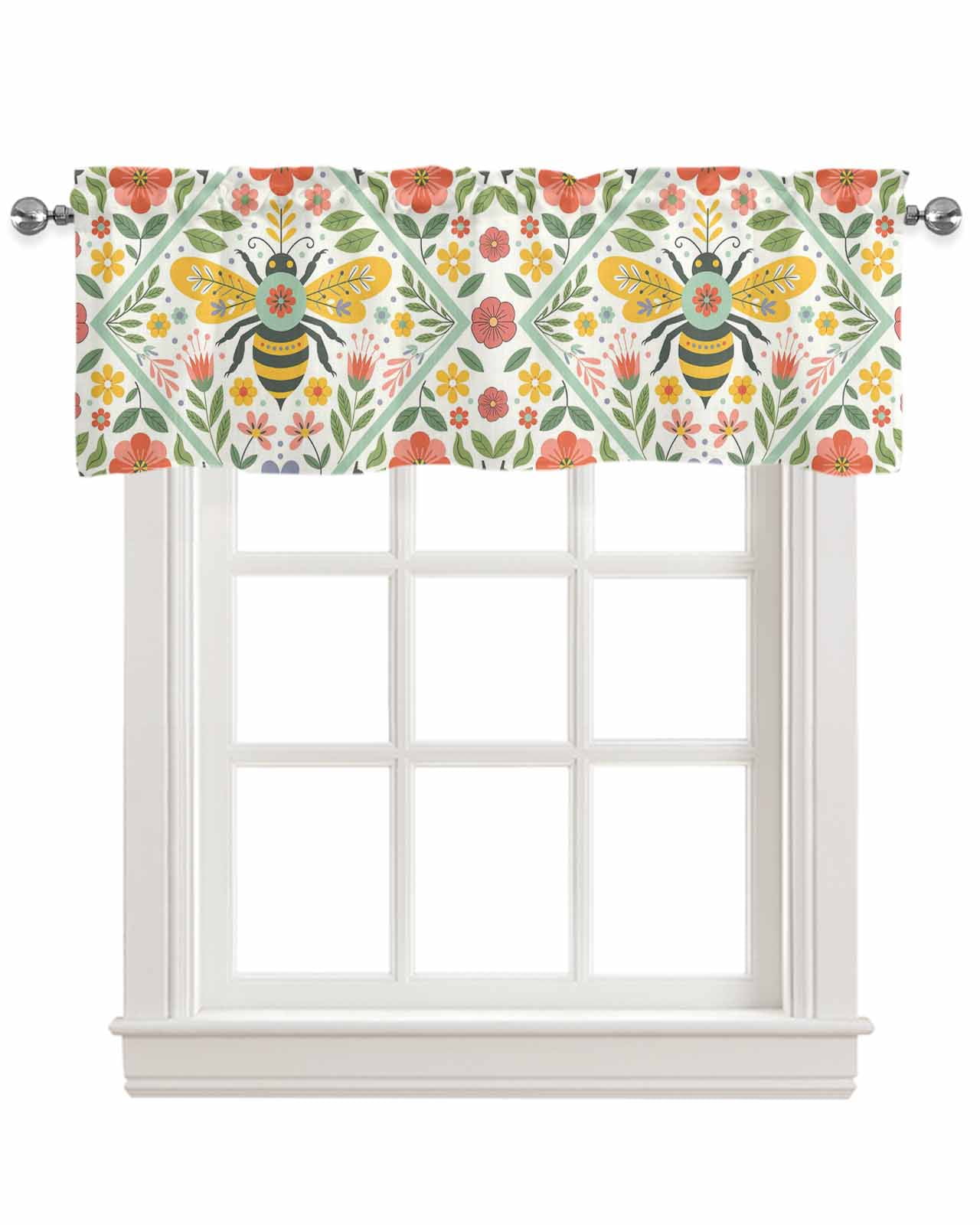 Flowers Bee Kitchen Valances for Windows Farmhouse Linen Window Valance ...