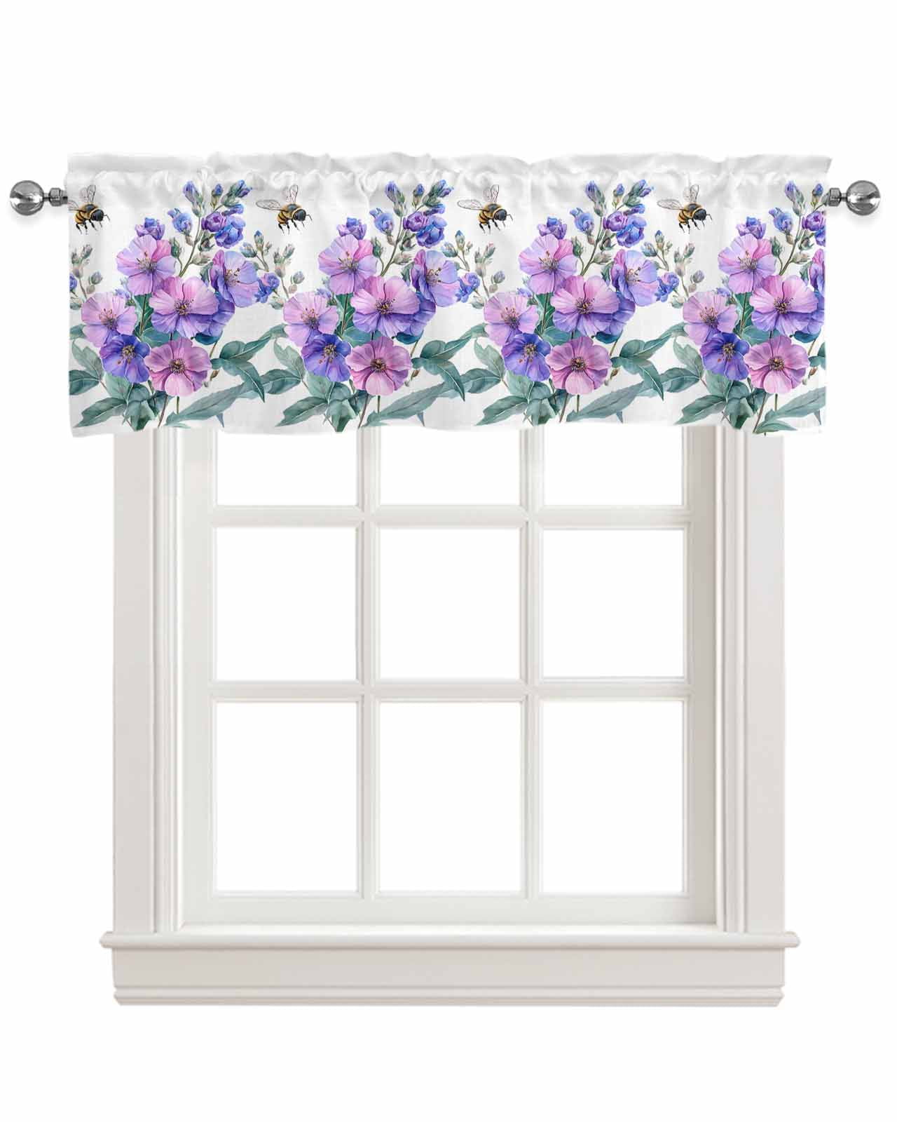Flowers Bee Kitchen Valances for Windows Farmhouse Linen Window Valance ...