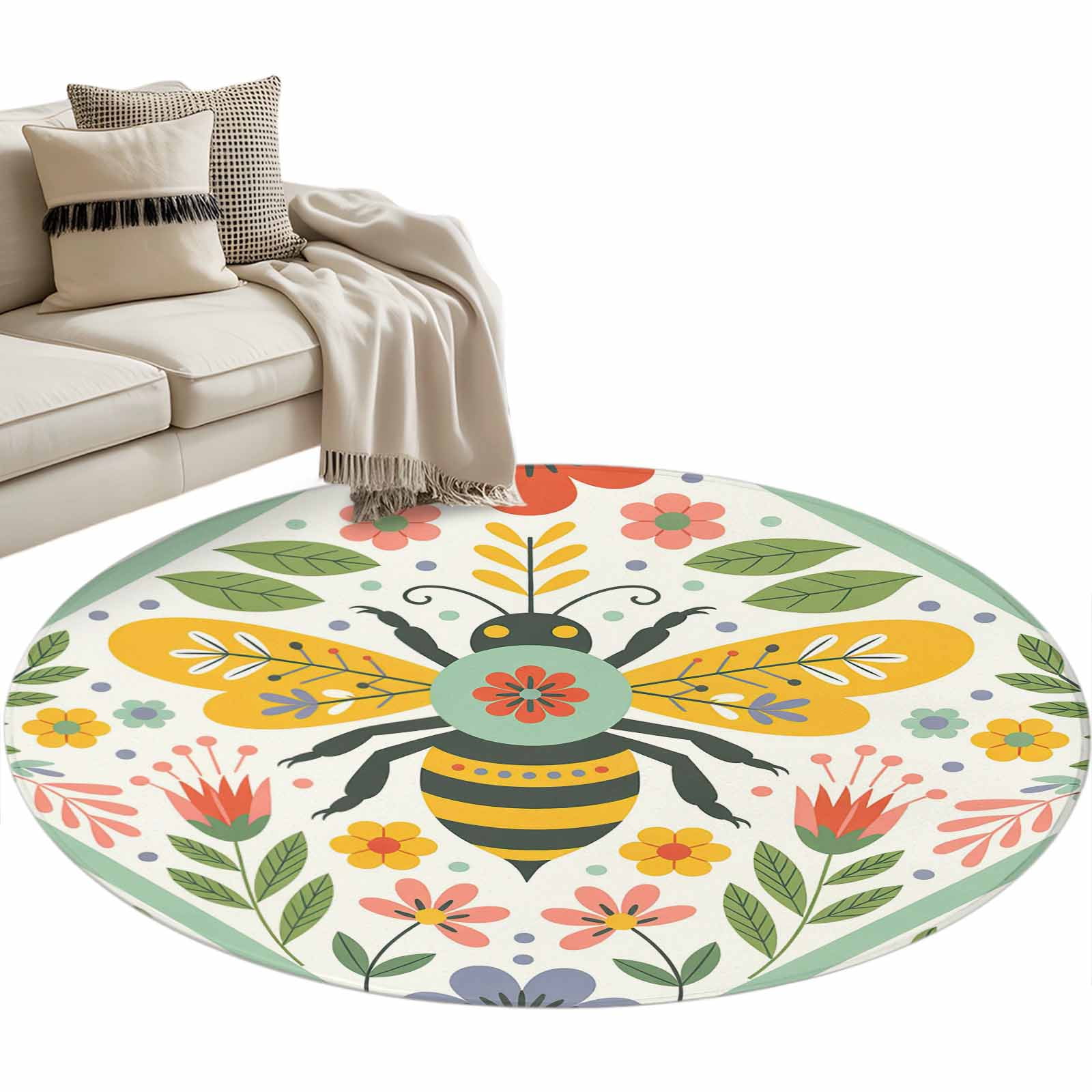 Flowers Bee Round Rug 3ft Area Rug Washable Soft Non-Slip 3' Circle Low ...