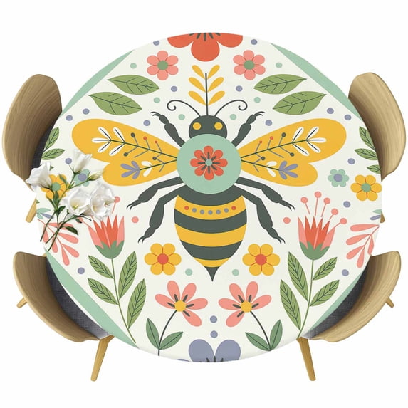 Flowers Bee Round Tablecloth, Fitted Table Cover with Elastic for 45 ...