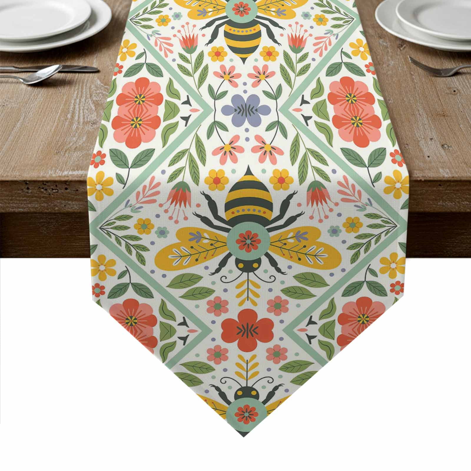 Flowers Bee Table Runner Linen Burlap Table Runner 36 Inches Small ...