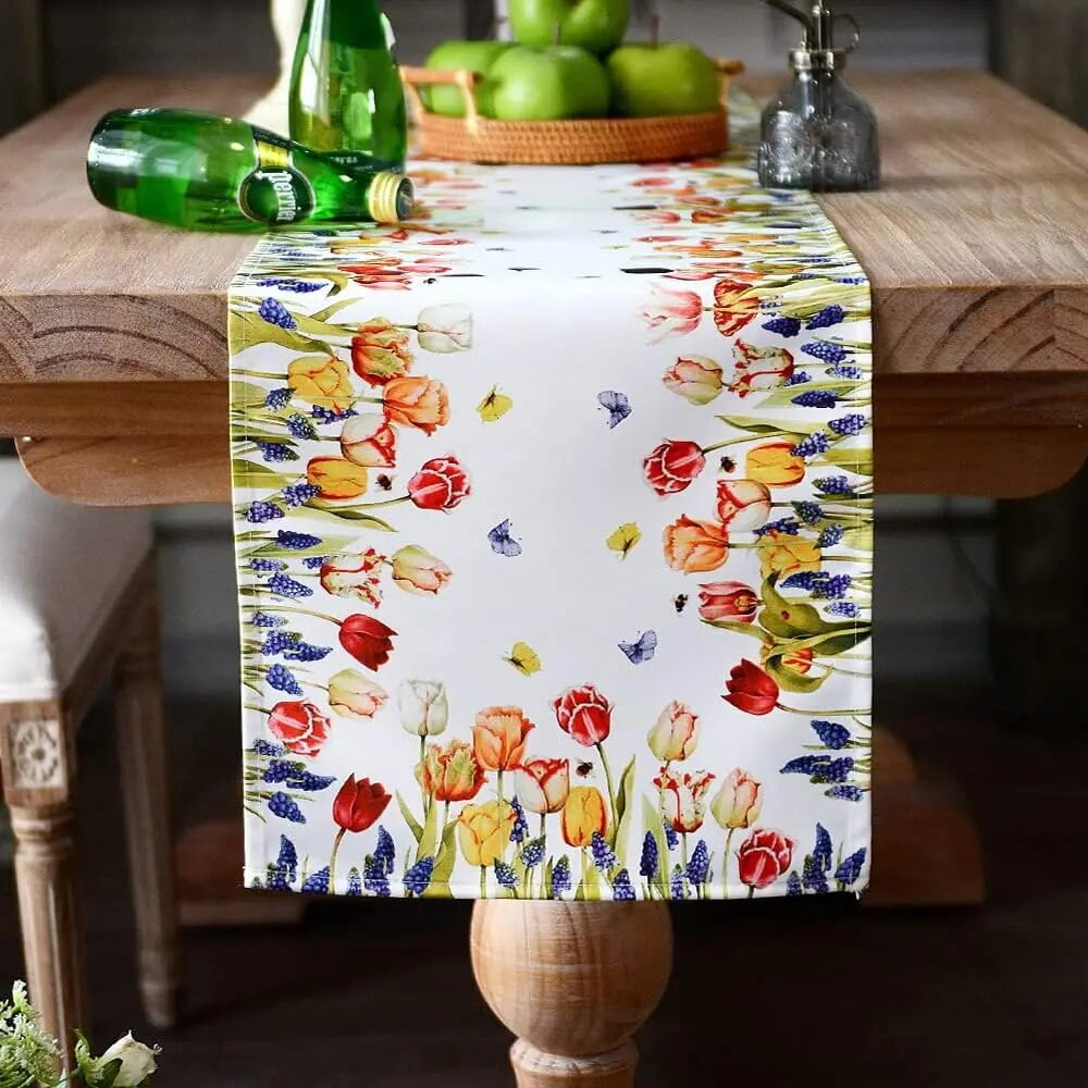 Flowers Bees Linen Table Runners Spring Seasonal Dresser Scarf Table ...