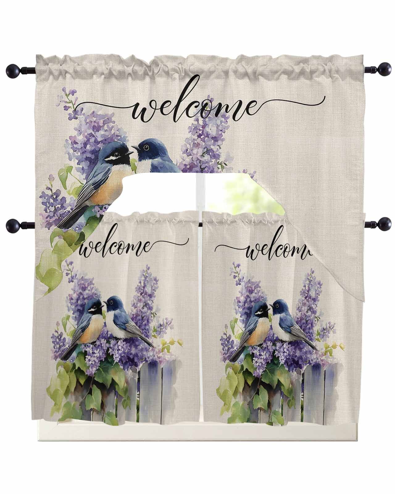 Flowers Bird Kitchen Curtains Sets 36 Inch Length with Valance, Vintage ...