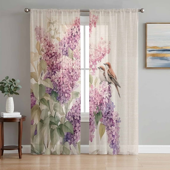 Flowers Bird Sheer Curtains 72 Inch Length 2 Panels Set, Sparrow Animal ...