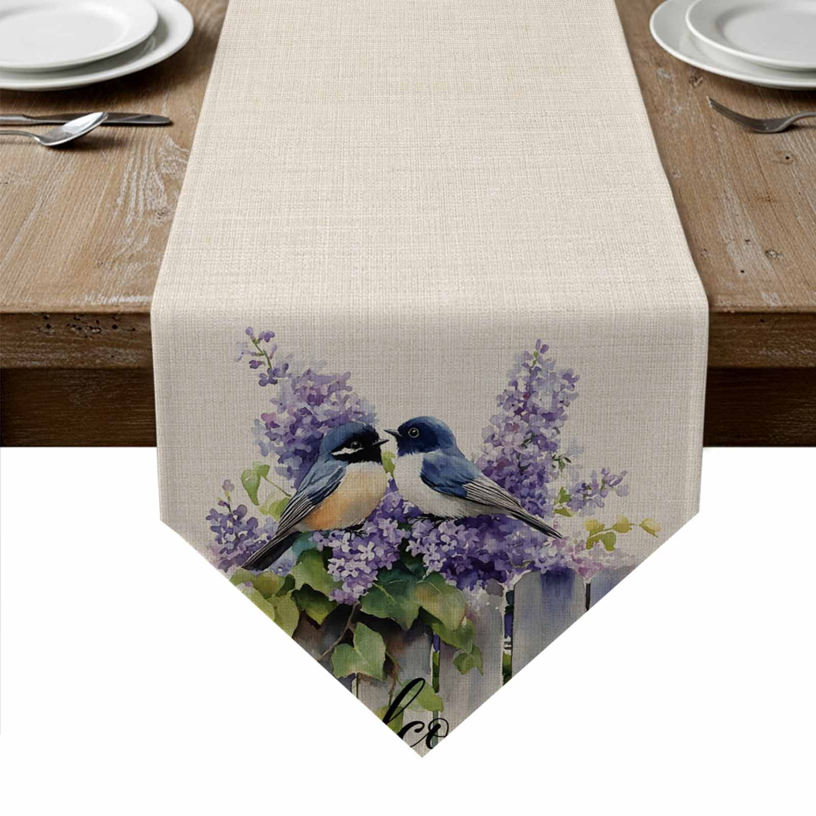 Flowers Bird Table Runner Linen Burlap Table Runner 36 Inches Small ...