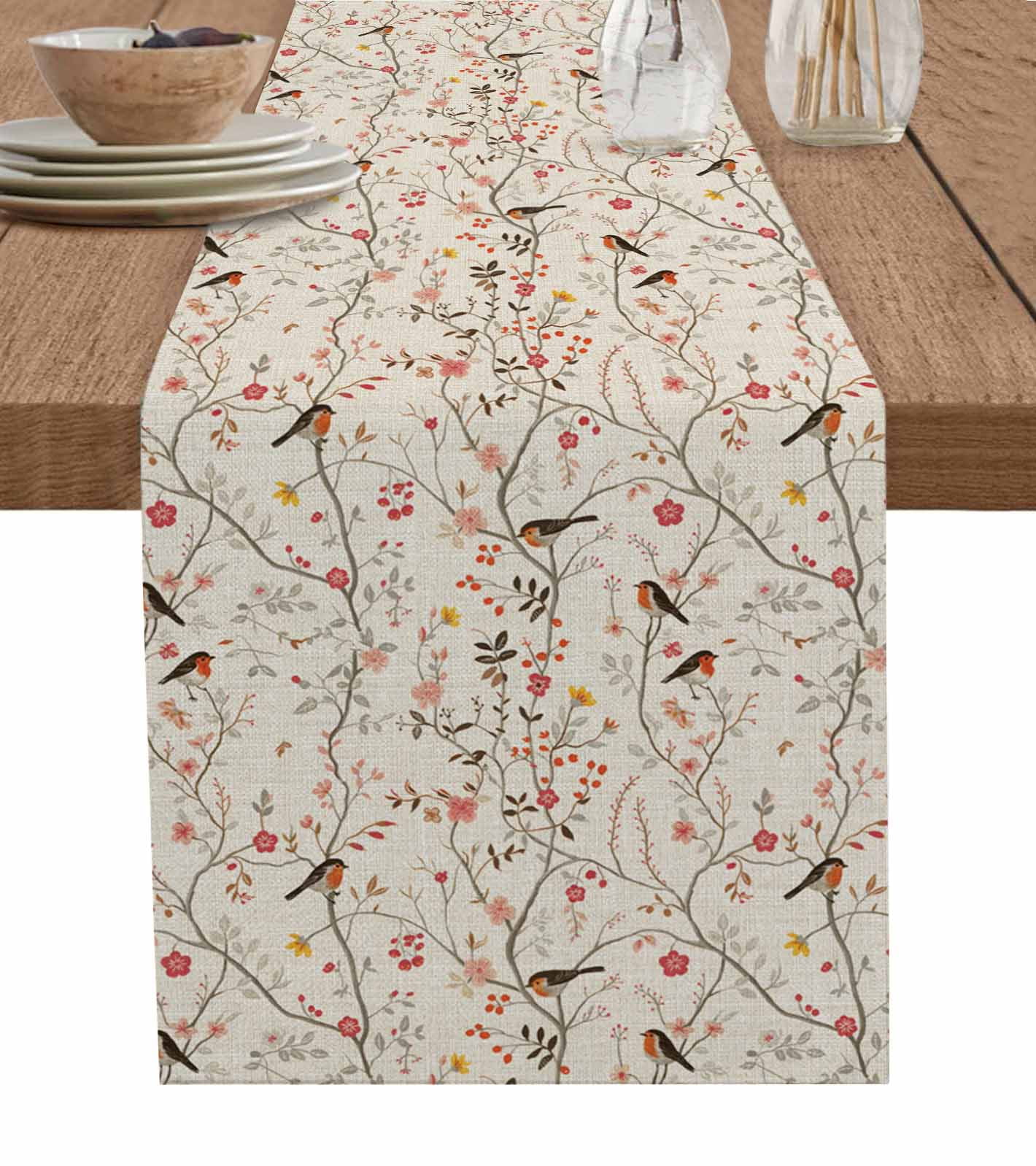 Flowers Birds Burlap Cotton Table Runner 13x108 Inches Long, Country ...