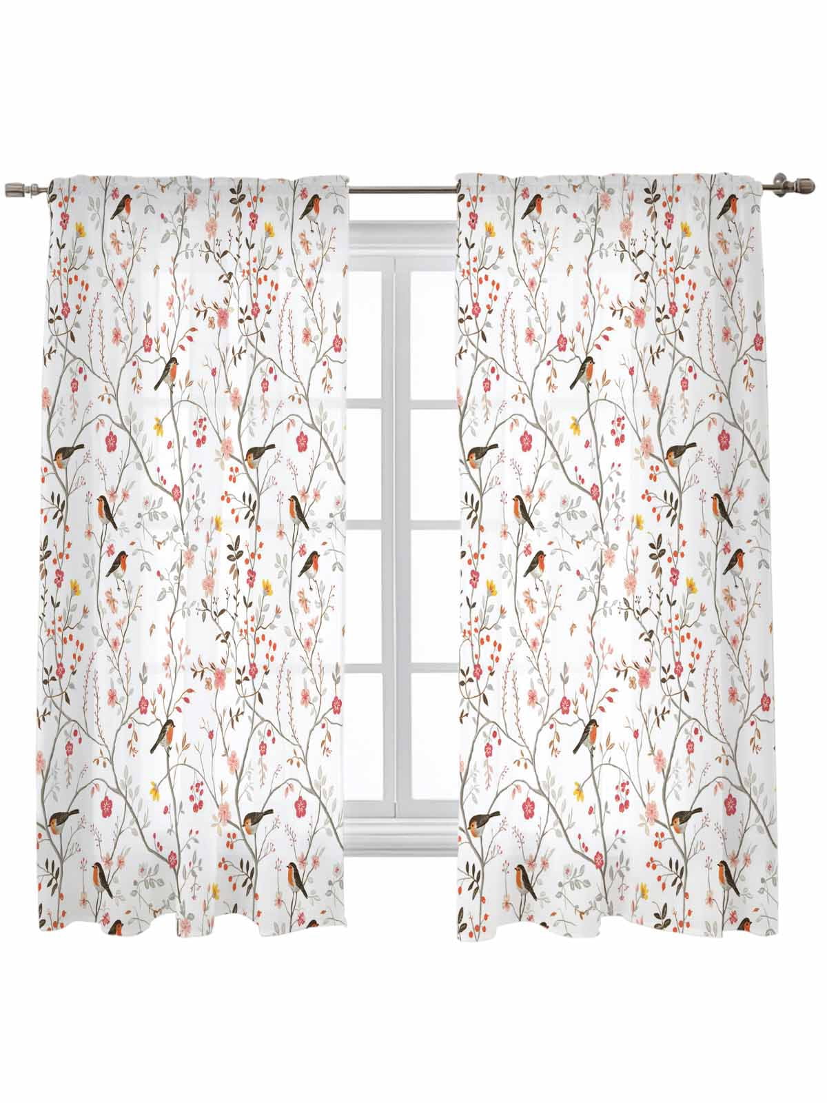 Flowers Birds Curtains 72 Inch Length,Sheer Curtains for Bedroom Living ...