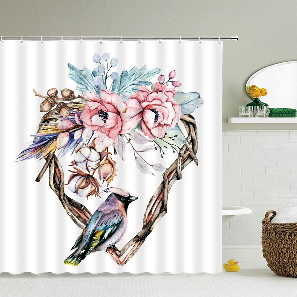 Flowers Birds Plant Waterproof Bath Screen With Print Shower Curtains