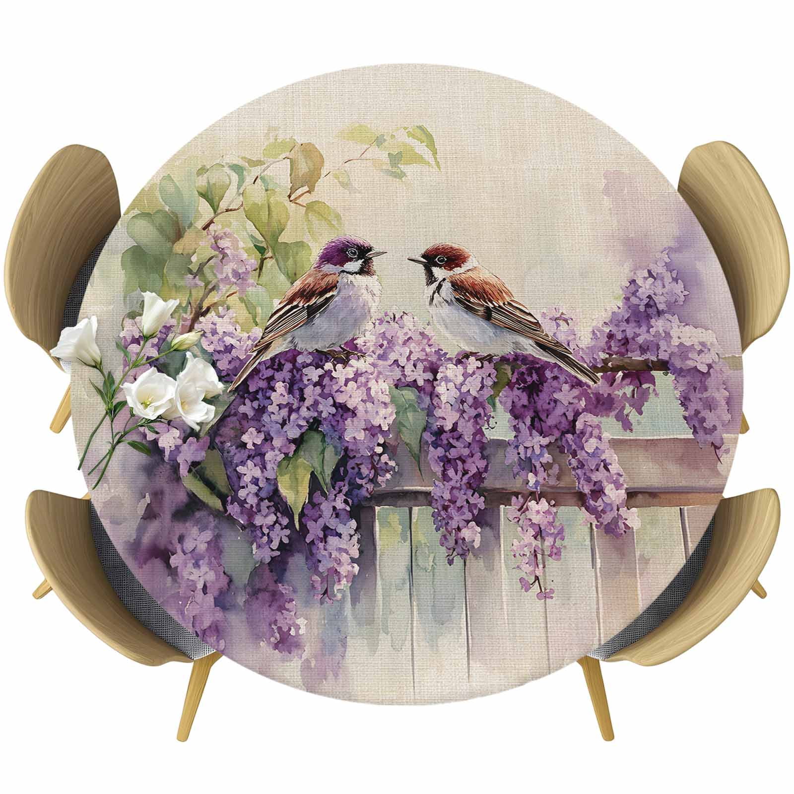 Flowers Birds Round Tablecloth, Fitted Table Cover with Elastic for 36 ...