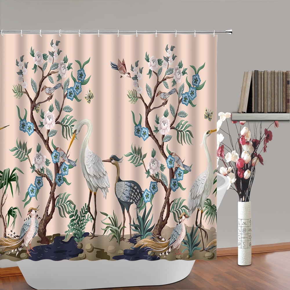 Flowers Birds Shower Curtain Crane Spring Floral Cherry Peony Vintage ...