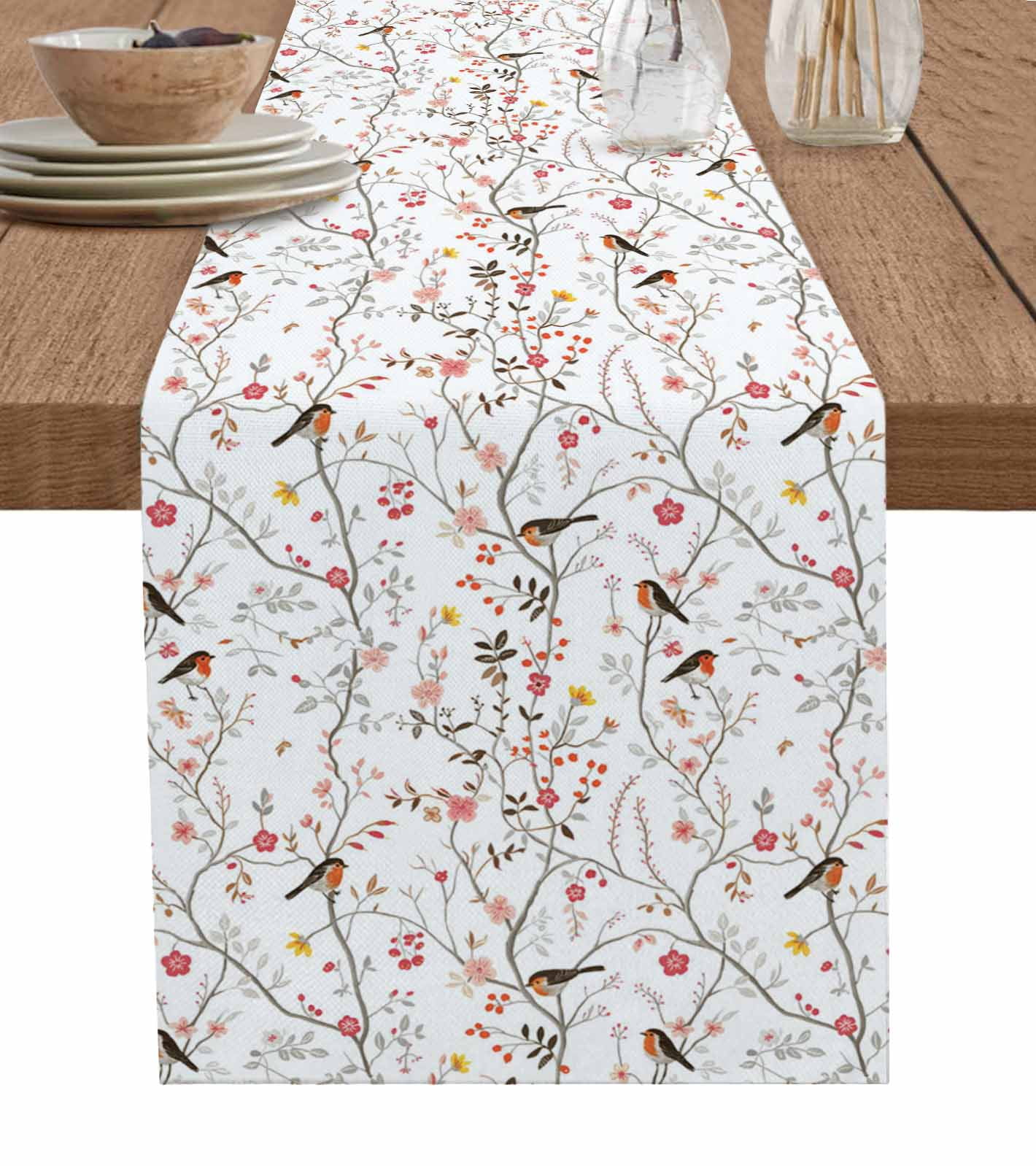 Flowers Birds Table Runner 72 Inches, Farmhouse Botanical Floral ...