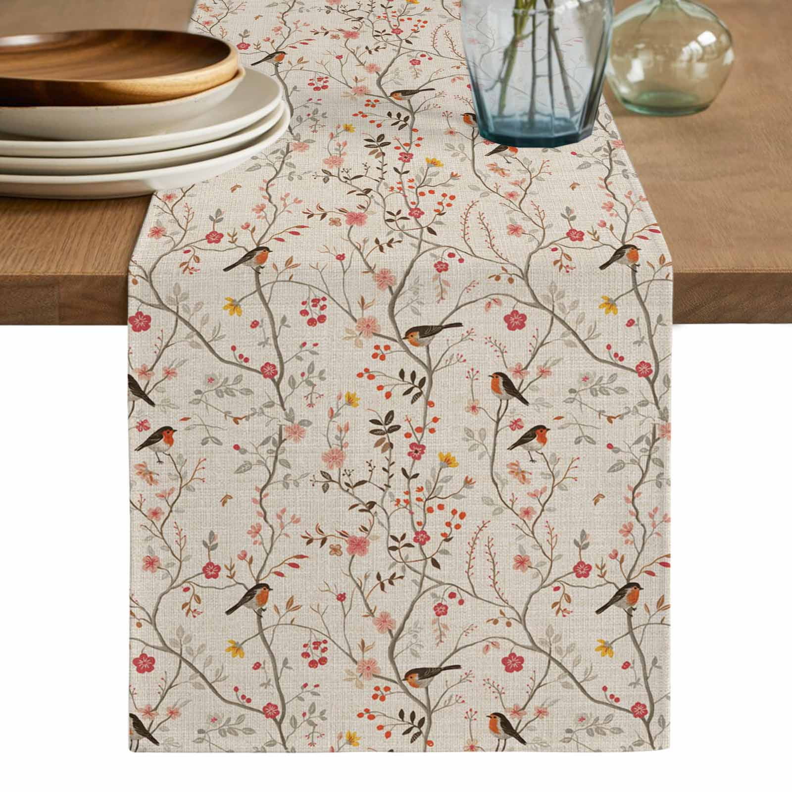 Flowers Birds Table Runner, Country Retro Botanical Floral Branches ...