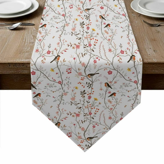 Flowers Birds Table Runner Linen Burlap Table Runner 72 Inches Long ...