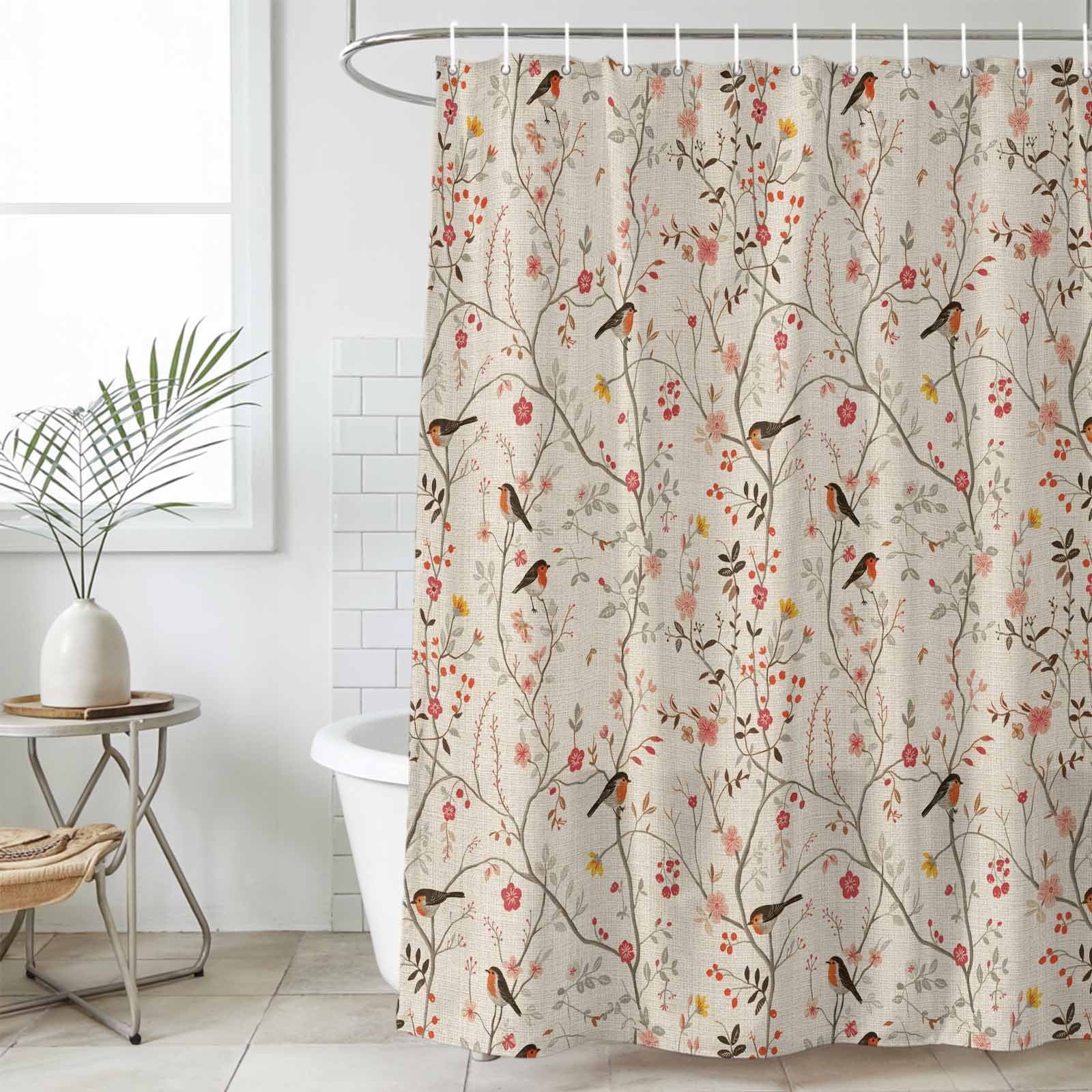 Flowers Birds Waterproof Fabric Shower Curtain,Country Retro Botanical ...