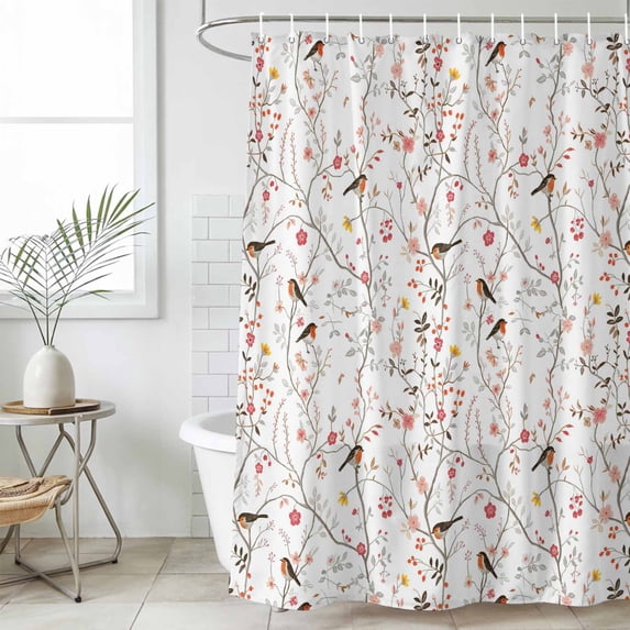 Flowers Birds Waterproof Fabric Shower Curtain,Farmhouse Botanical ...