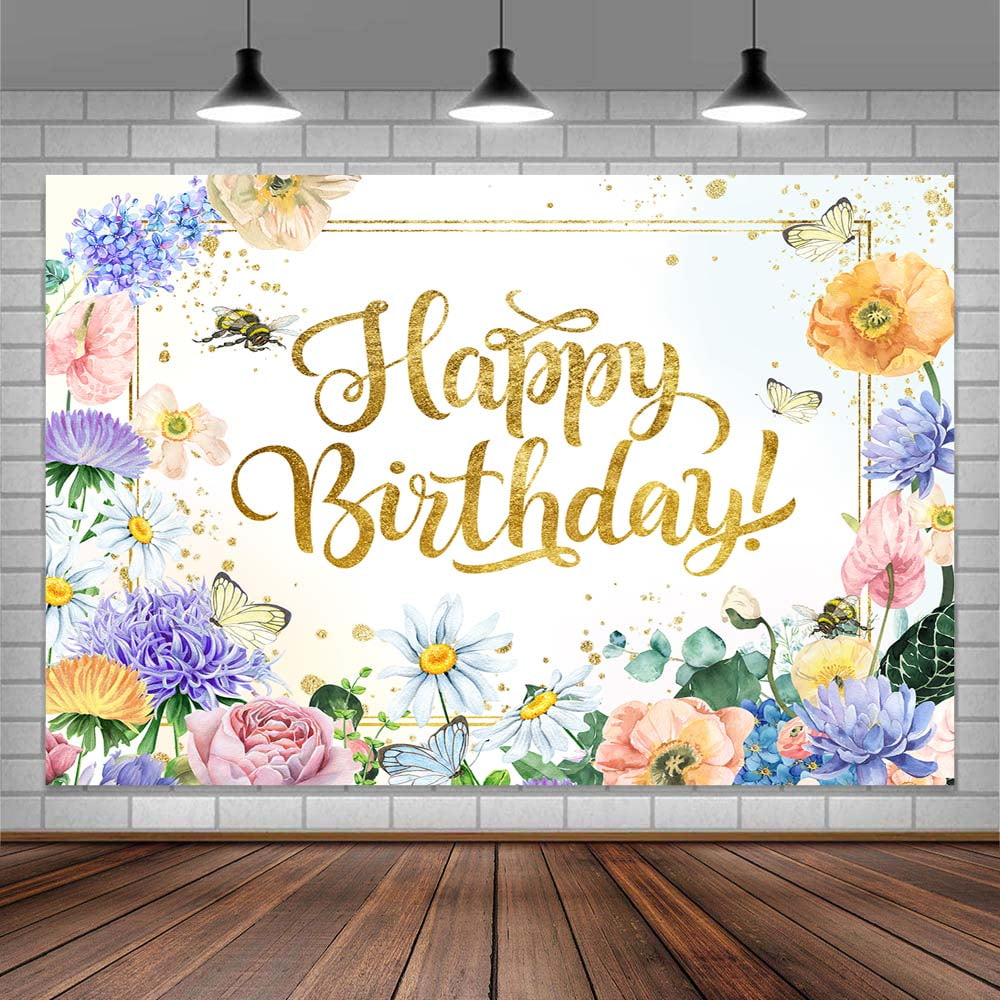 Flowers Birthday Backdrop, Happy Birthday Colorful Florals Butterfly ...
