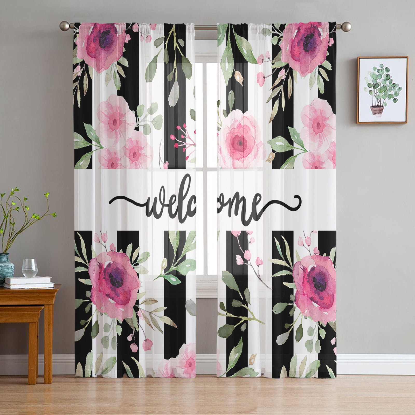 Flowers Black Stripes Wedding Welcome Tulle in Sheer Curtains for ...