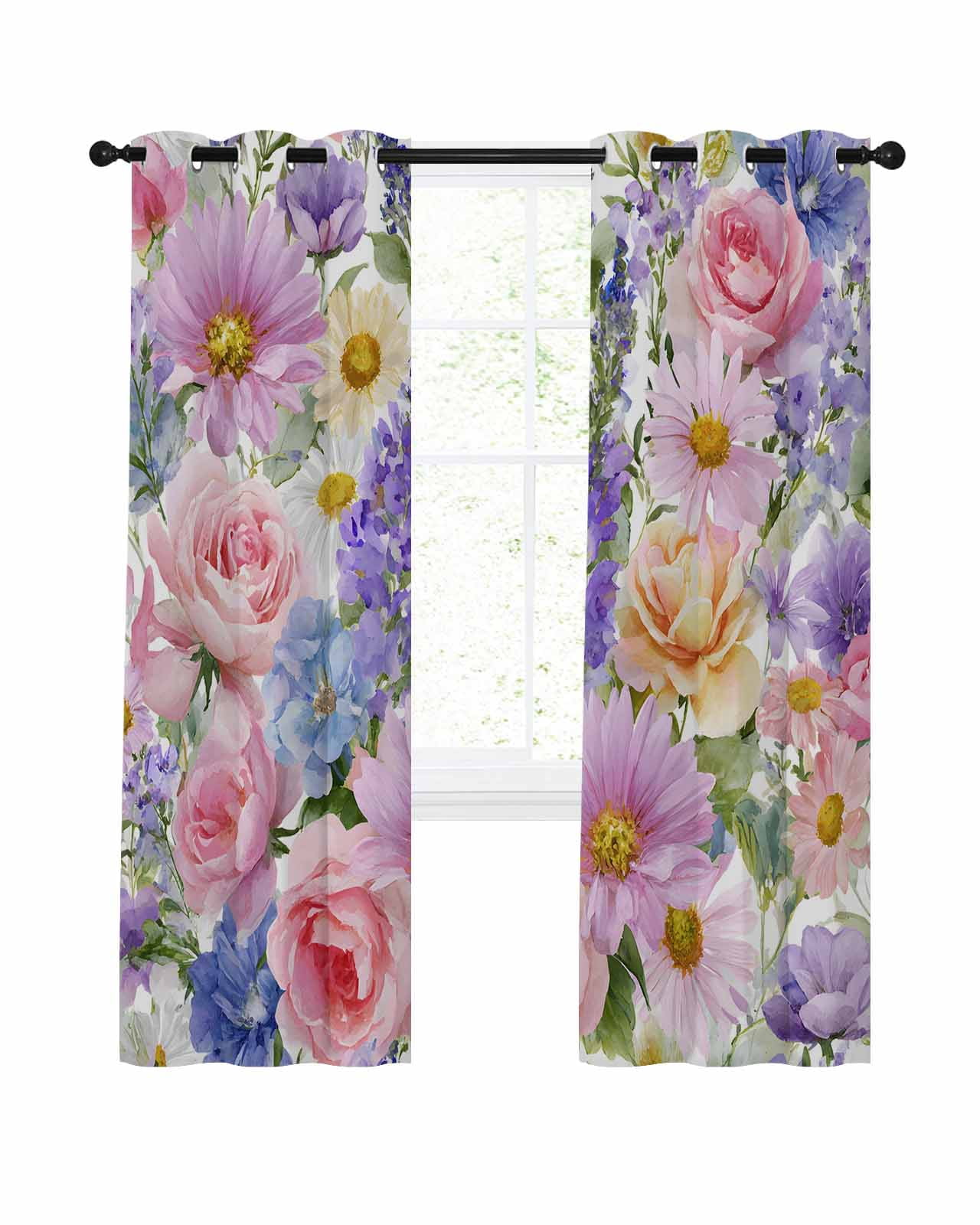 Flowers Blackout Curtains 45 Inch Length Spring Field Watercolor ...