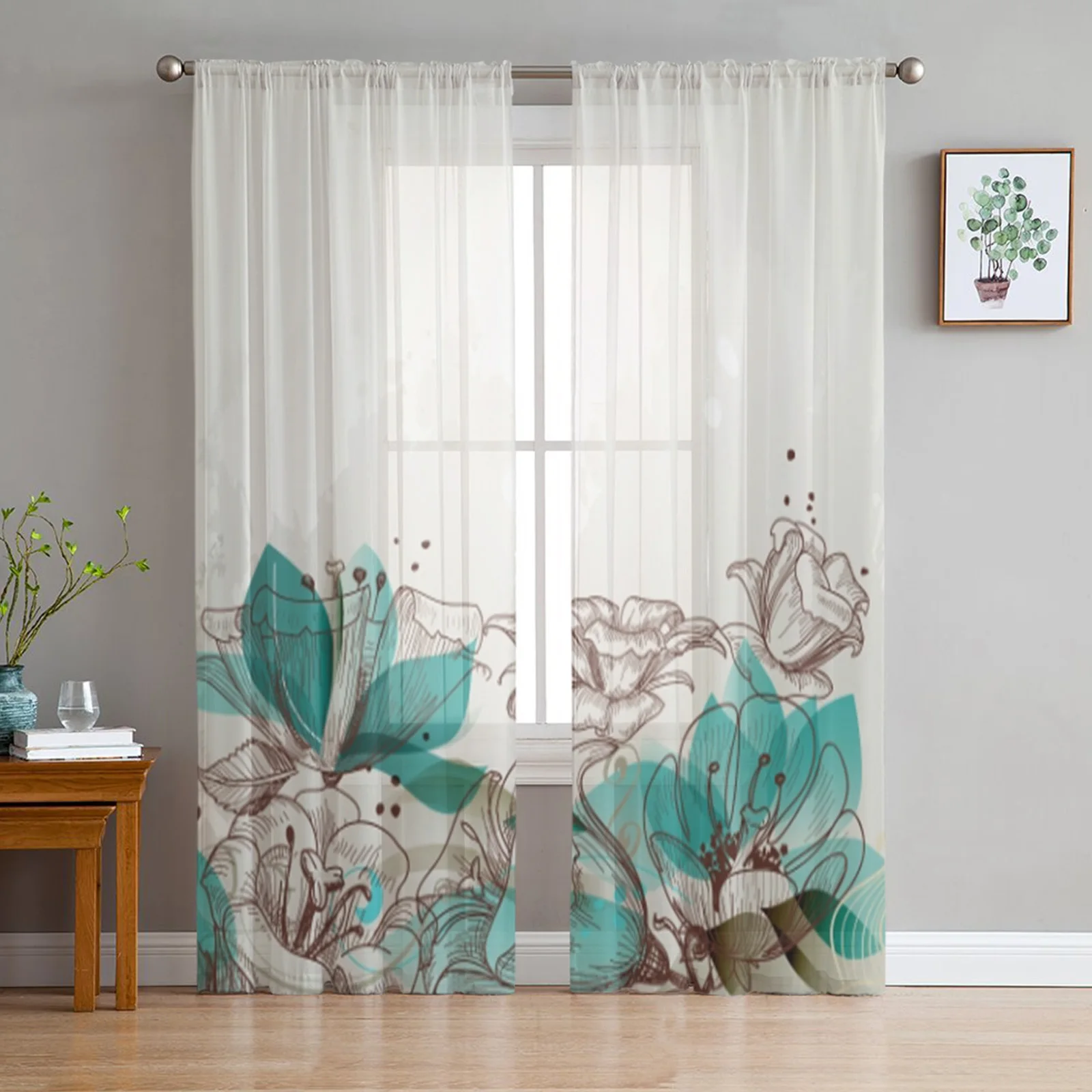 Flowers Bloom Turquoise Plants Roses Modern Tulle Curtains for Living ...