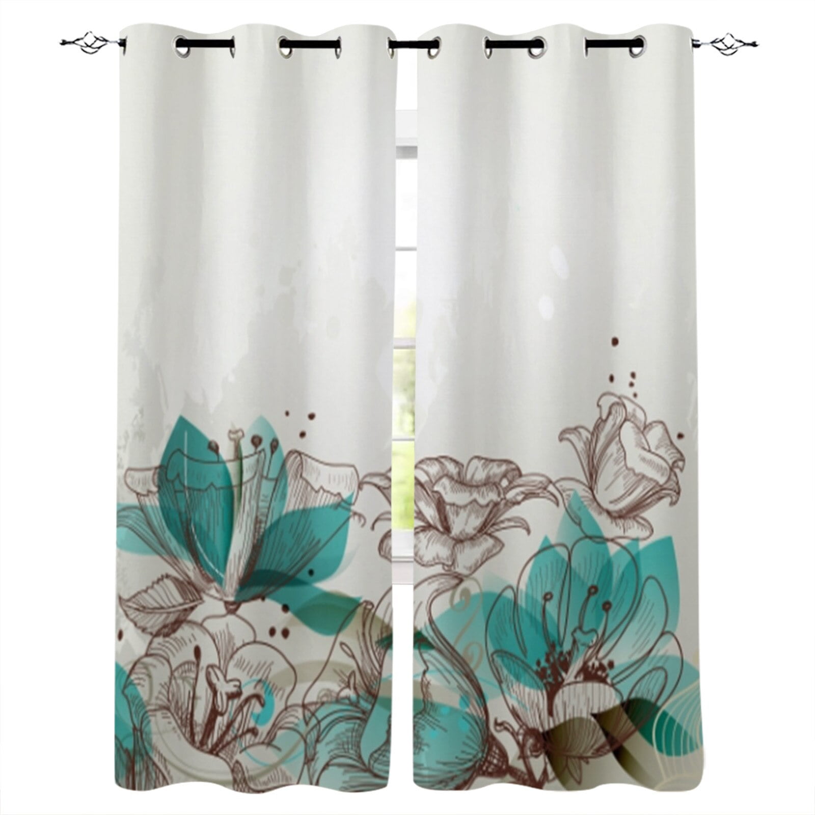 Flowers Bloom Turquoise Plants Roses Window Curtain For Living Room ...