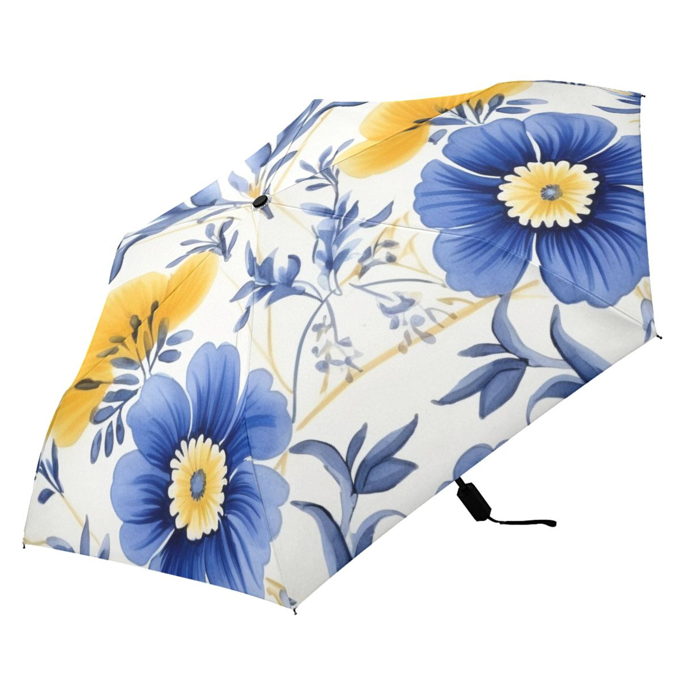 Flowers Blue Compact Folding Umbrella for Rain Windproof Travel ...