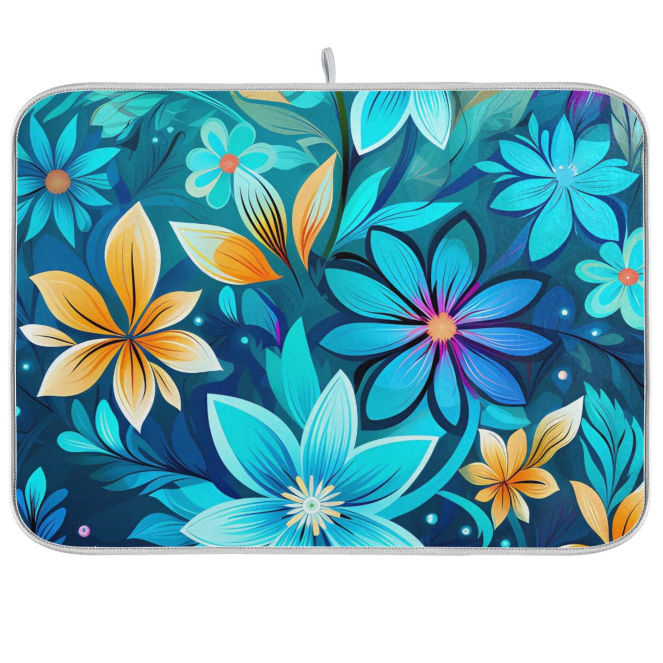 Flowers Blue Dish Drying Mat Microfiber Kitchen Pad Large Counter ...