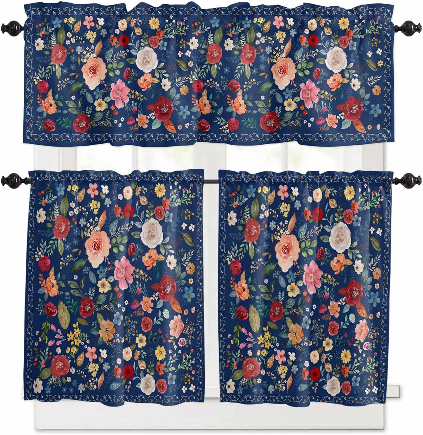 Flowers Blue Kitchen Curtains and Valances Set, Rod Pocket Curtains ...