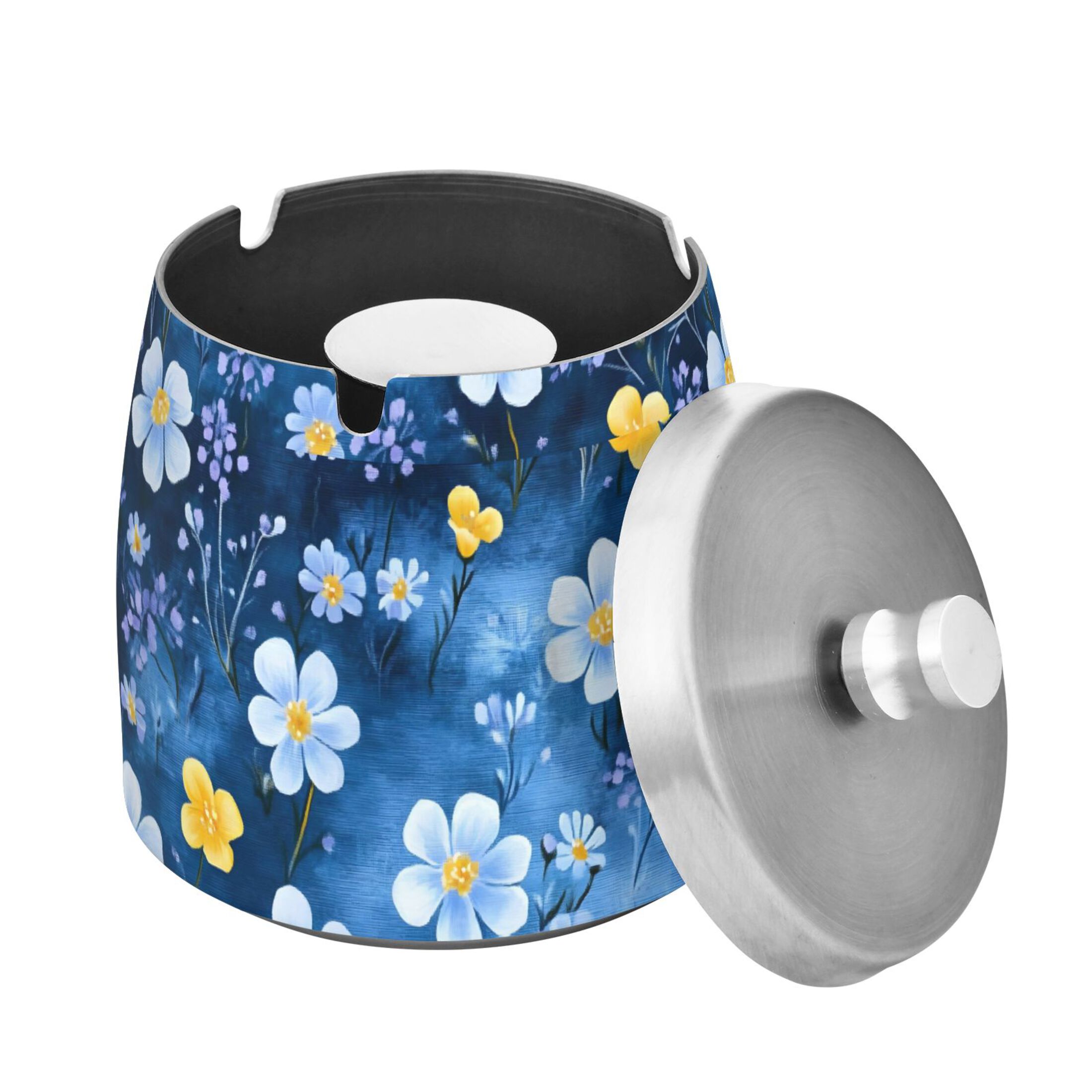 Flowers Blue and Pale Yellow Ashtray with Lid Outdoor Ashtrays for ...