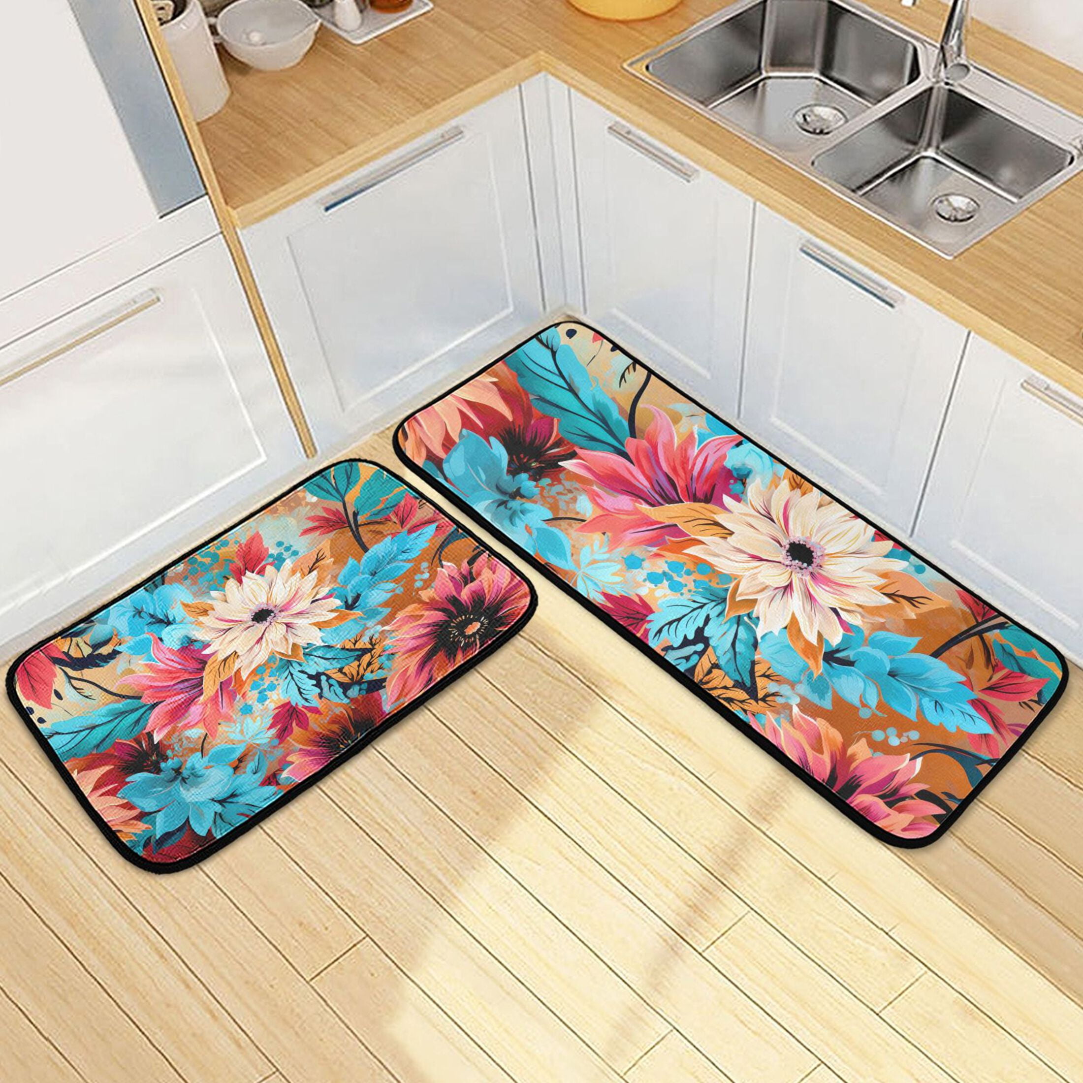 Flowers Blue and Pink Kitchen Rugs Set of 2 Non Slip Floor Foam Mat ...