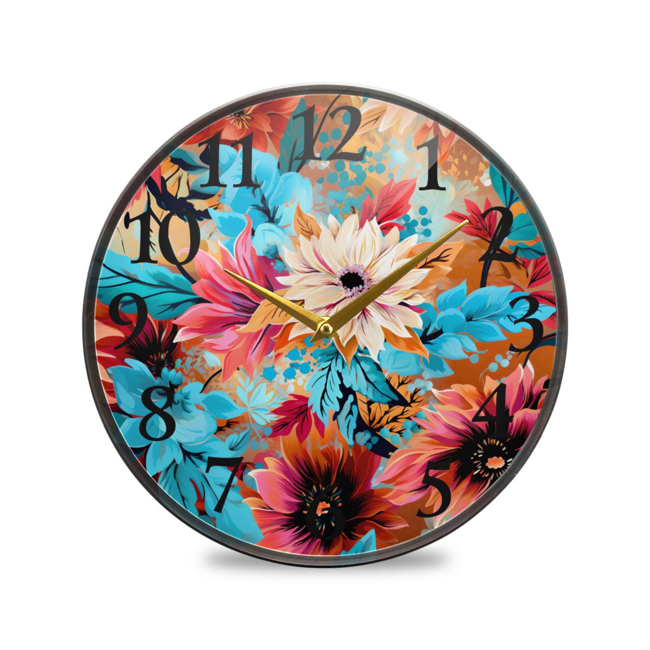 Flowers Blue and Pink Wall Clocks Battery Operated 9.5 Inch Round Clock ...