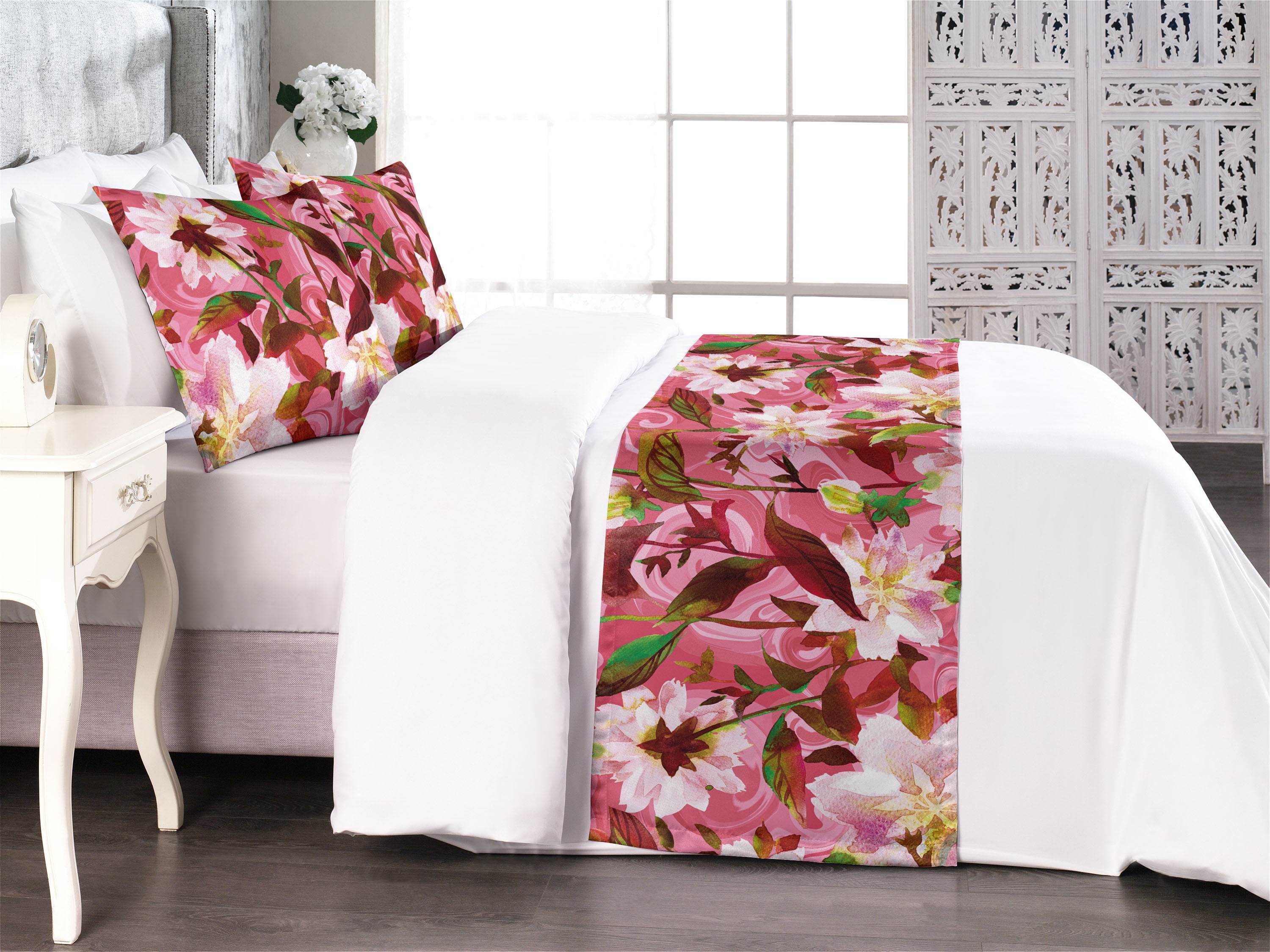 Flowers Boho Bed Runner Set, Buds and Stems Illustrations with Leaves ...