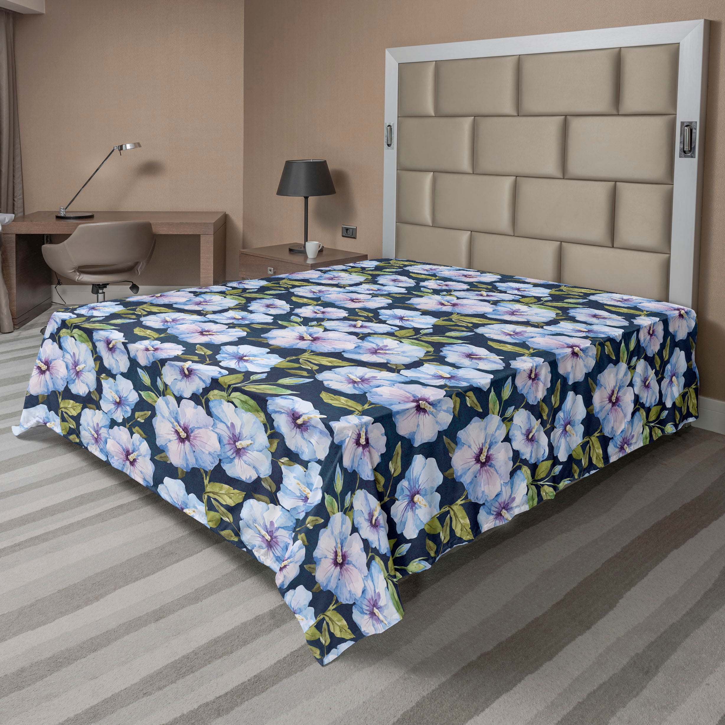 Flowers Boho Flat Sheet, Watercolor Design Leaves Greenery Art with ...