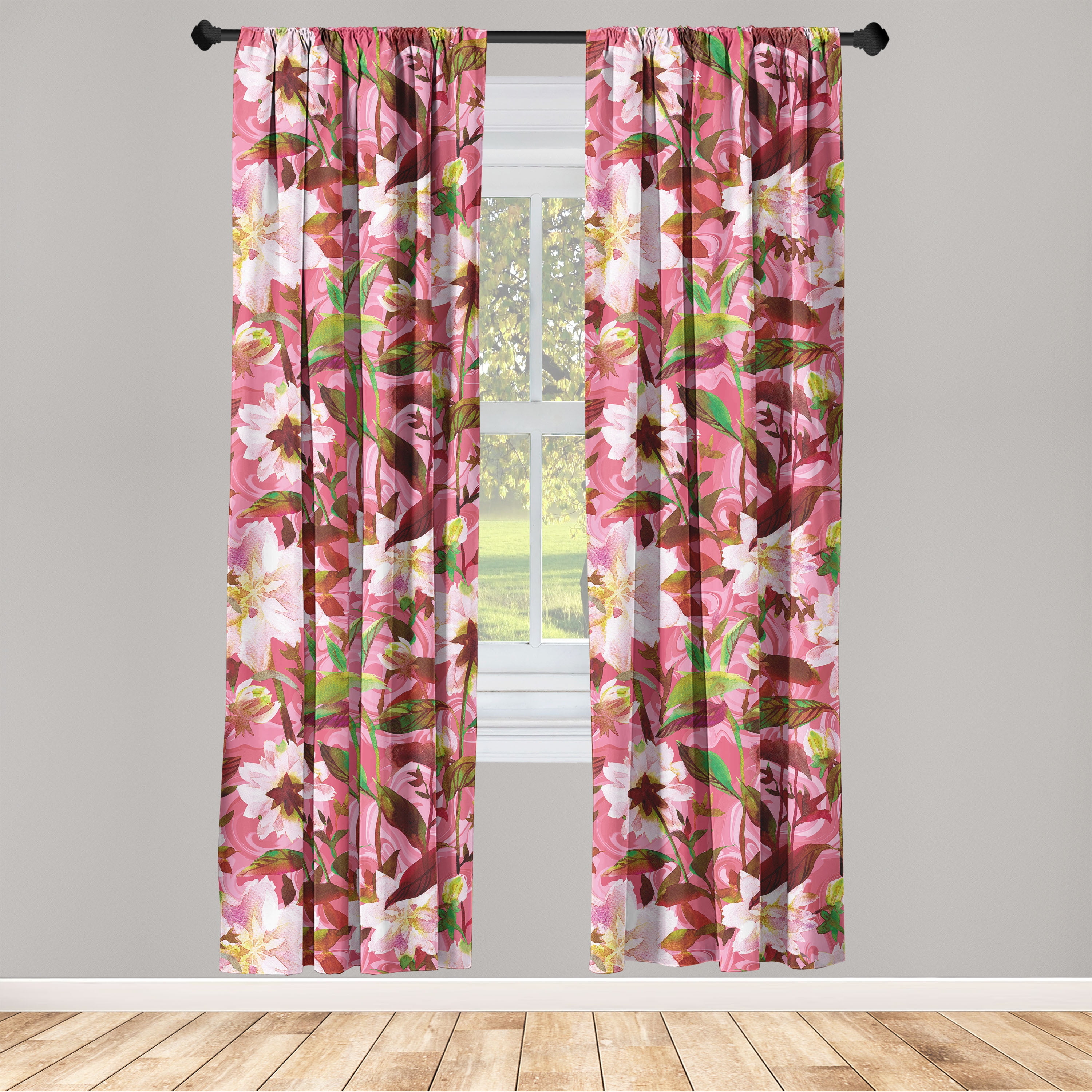 Flowers Boho Window Curtains, Buds and Stems Illustrations with Leaves ...