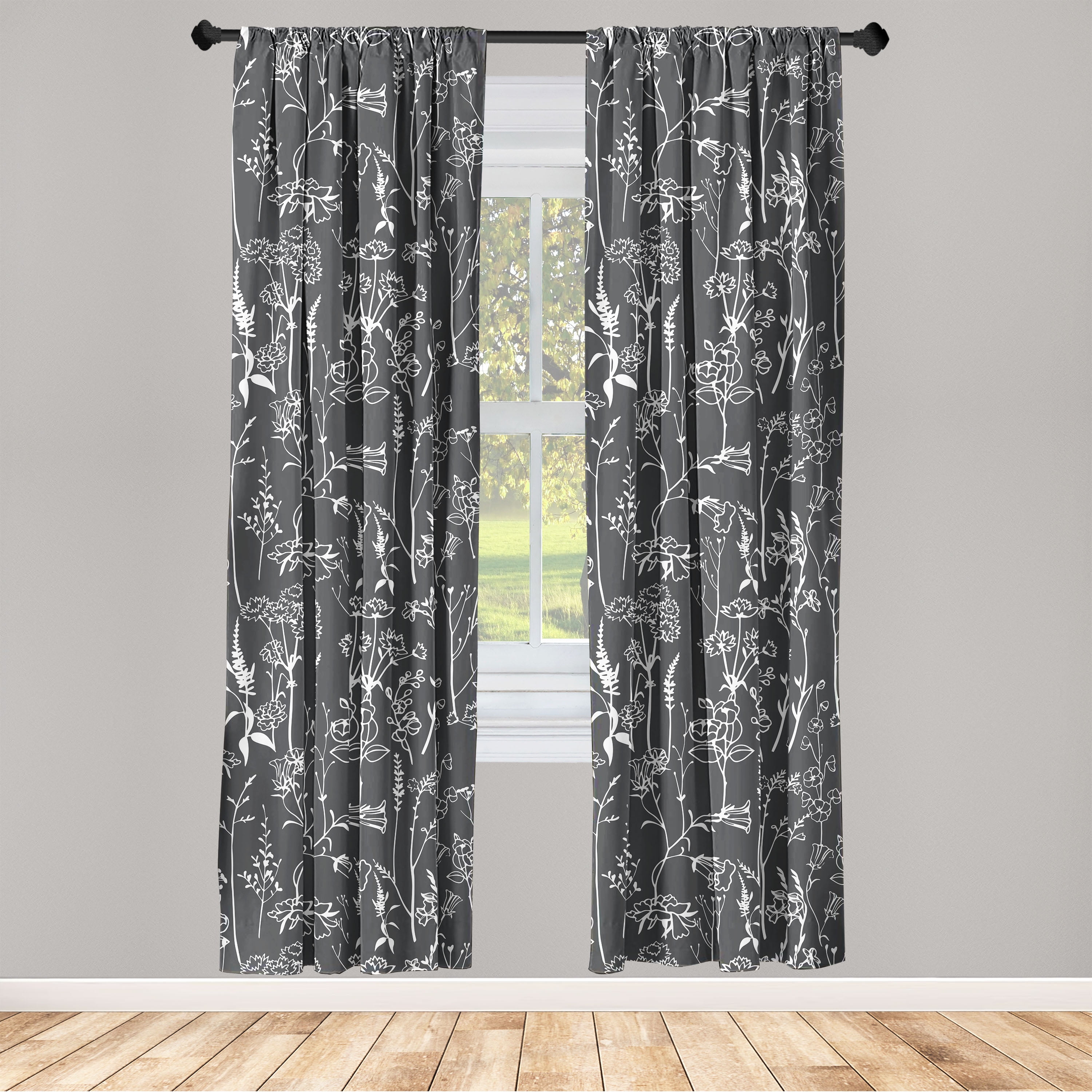 Flowers Boho Window Curtains, Minimal Style Drawn Monochrome Simple ...